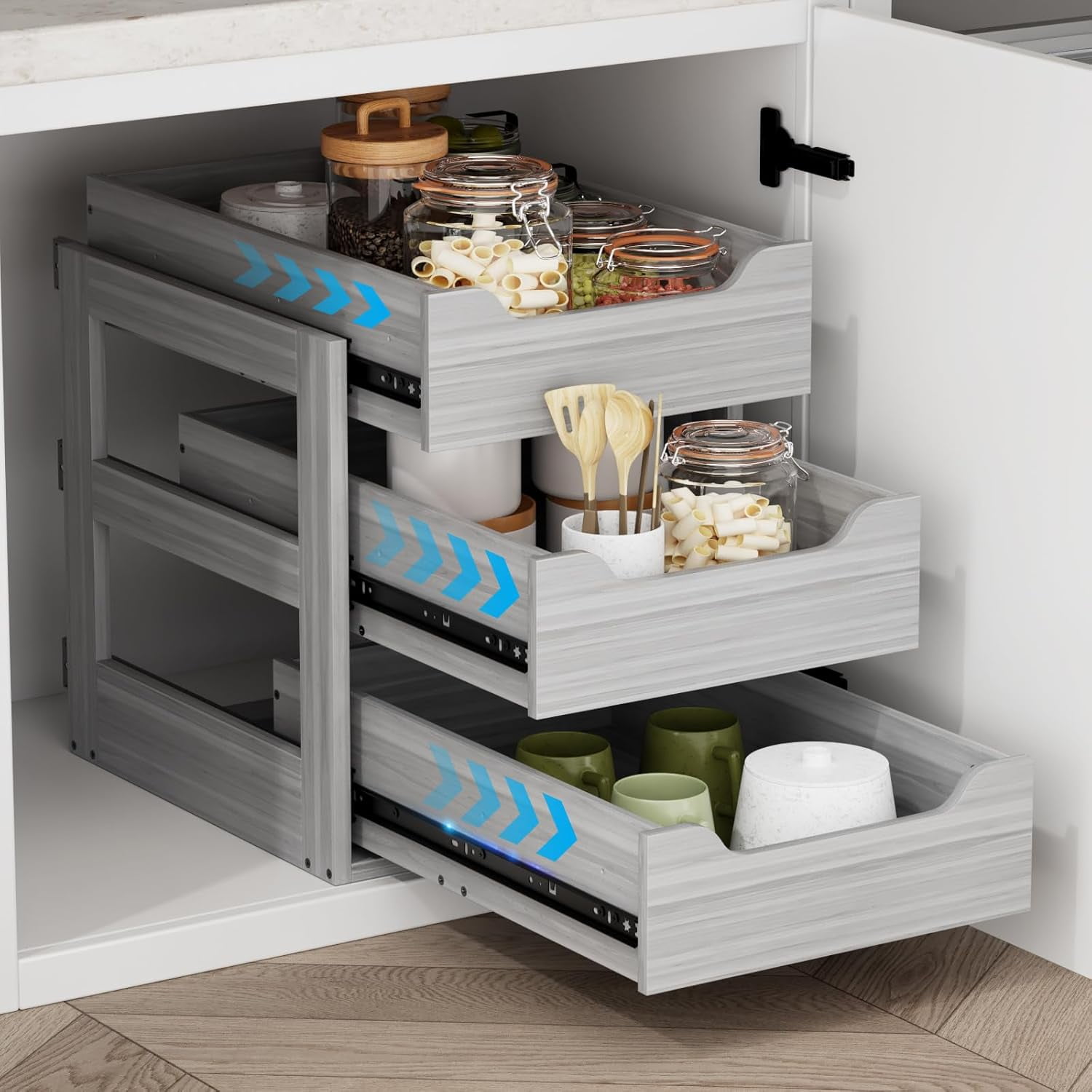 Adjustable Height Wood Pull Out Organizer 18" W × 21.5" D Smooth Pull ...