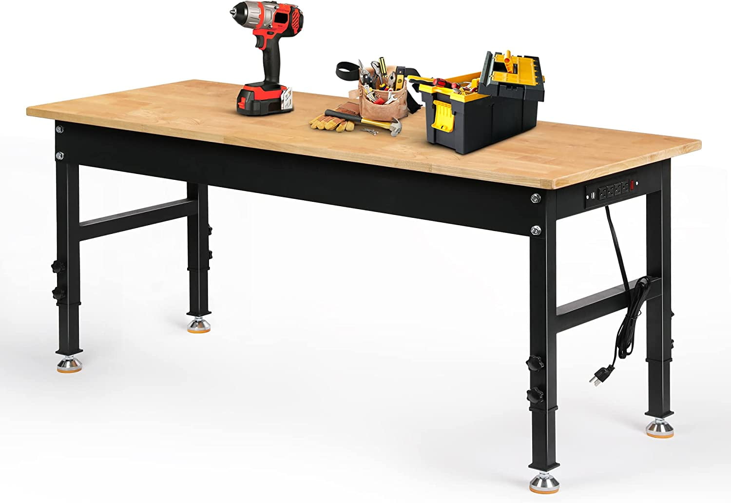 Adjustable Height Workbench, 60" Rubber Wood Top Heavy duty Workstation ...