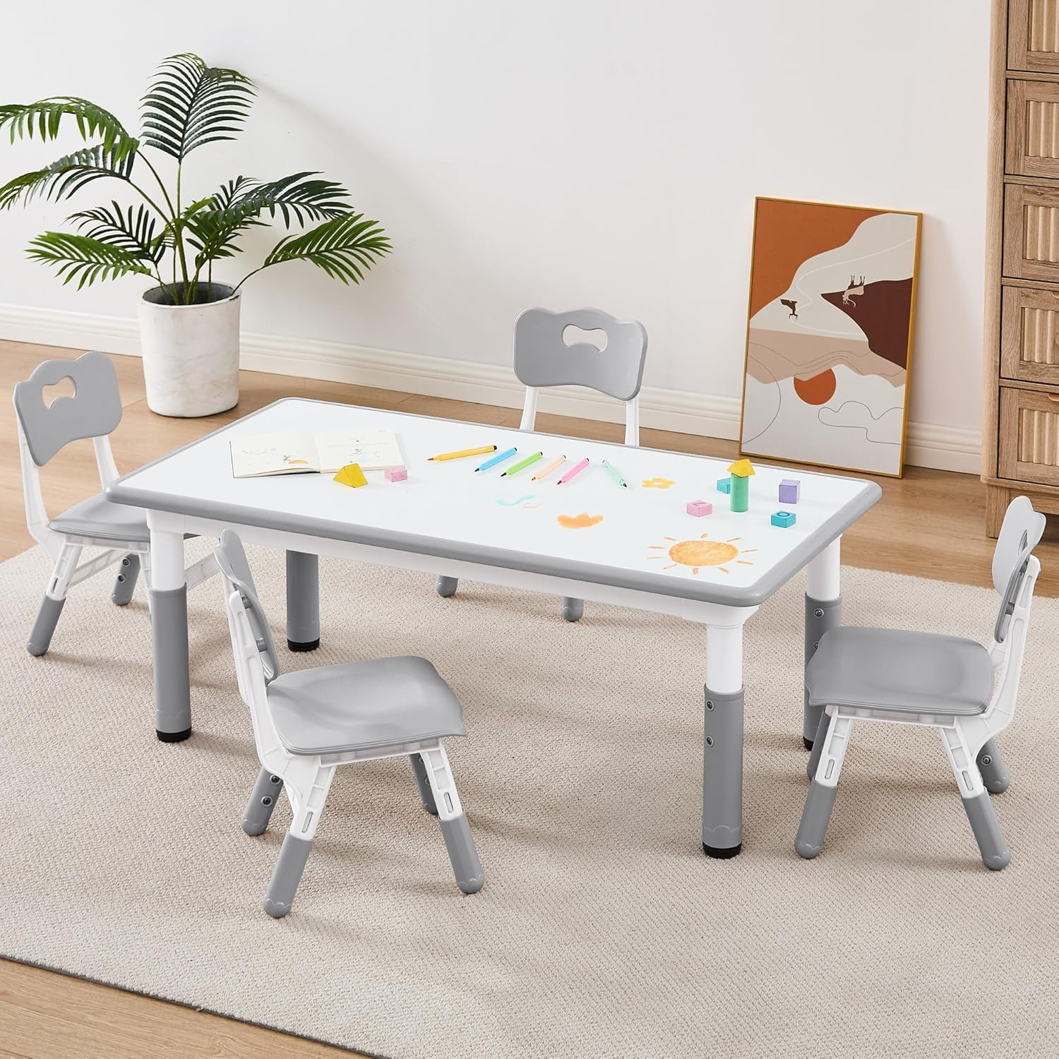 Adjustable Kids Table & 4 Chairs Set – Graffiti Desktop, Multi-Activity Height-Adjustable ...