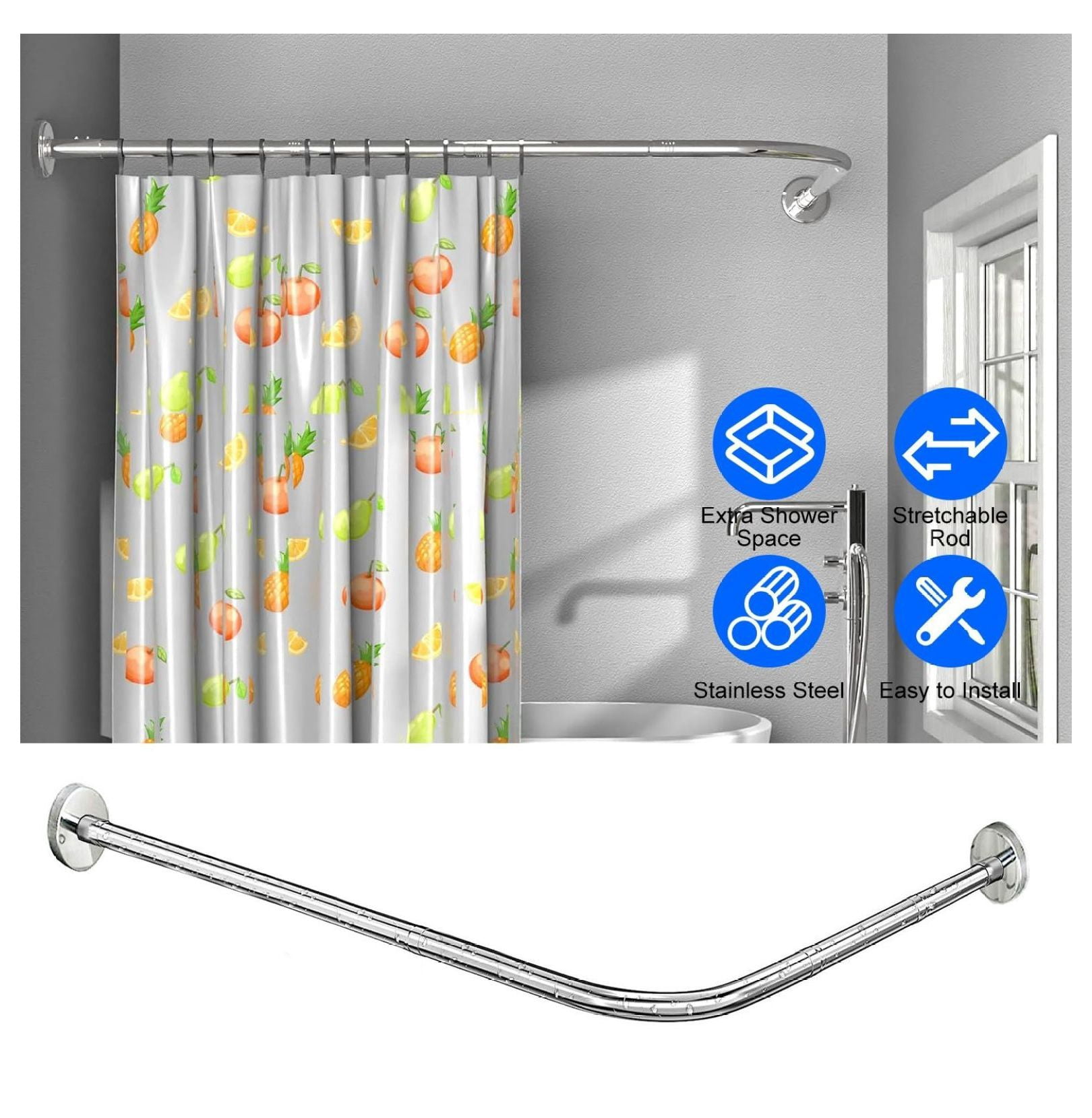 Adjustable L - Shaped Curved Shower Rod, Premium Stainless Steel Rust ...