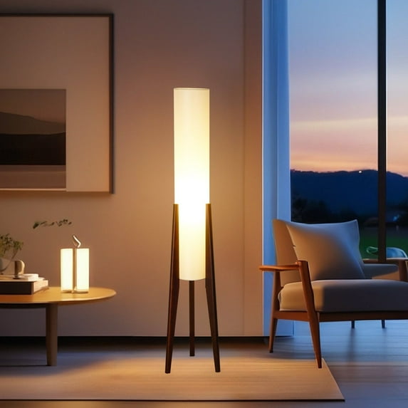 Adjustable LED Floor Lamp, Modern Cylinder Design with Wood Tripod Base ...