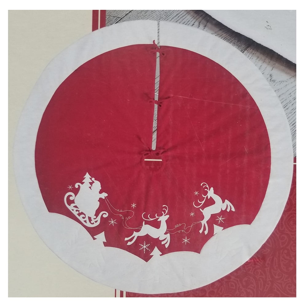 Adjustable Luxury Christmas Tree Skirt Red/White Satin Santa & Deer ...