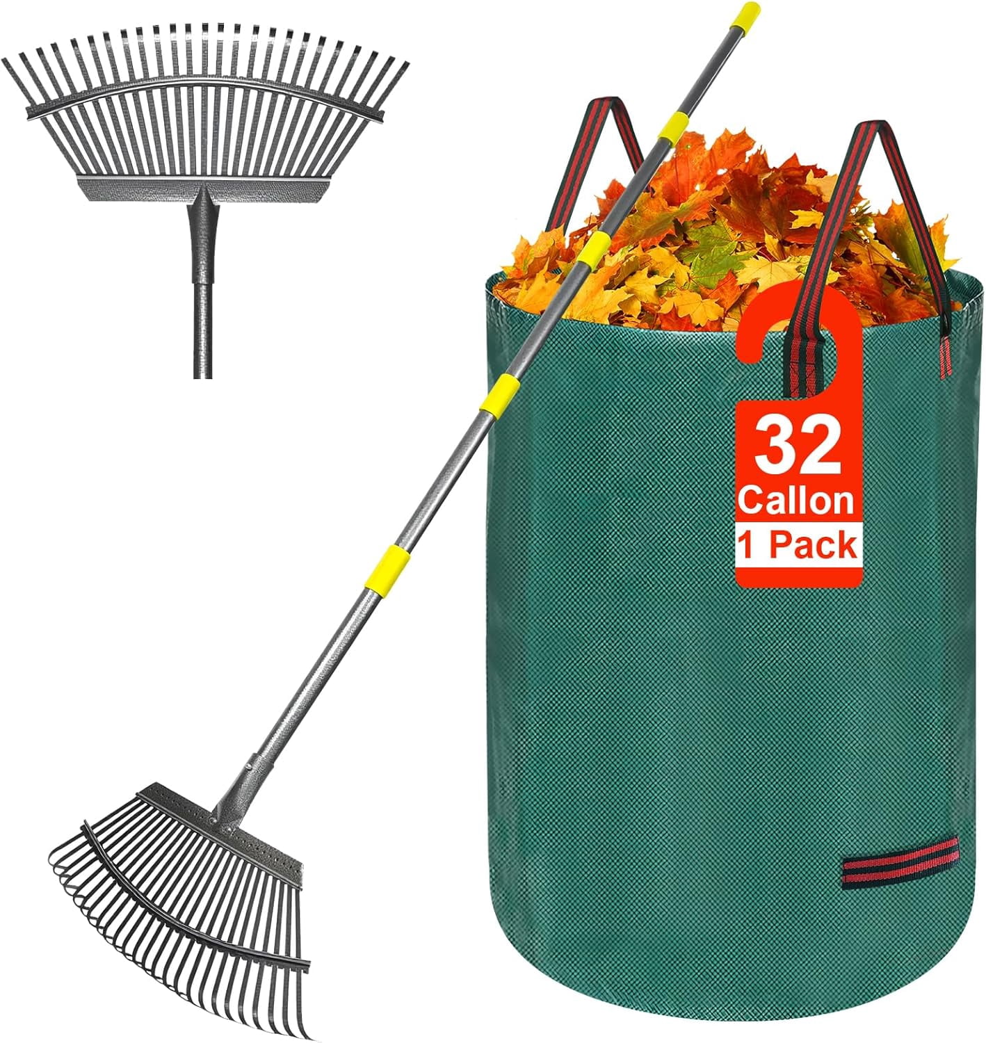 Adjustable Metal Leaf Rake Set, 38-73" Handle, 19" Wide with Gallon ...