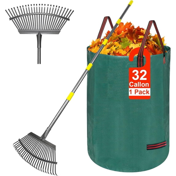 Adjustable Metal Leaf Rake Set, 38-73" Handle, 19" Wide with Gallon ...