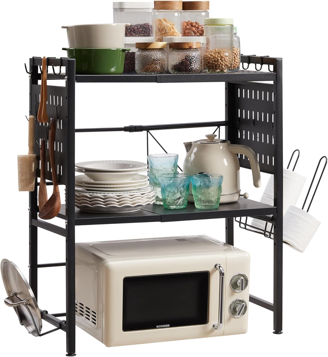 Adjustable Microwave Stand, 3-Tier Microwave Oven Rack with 9 Hooks ...