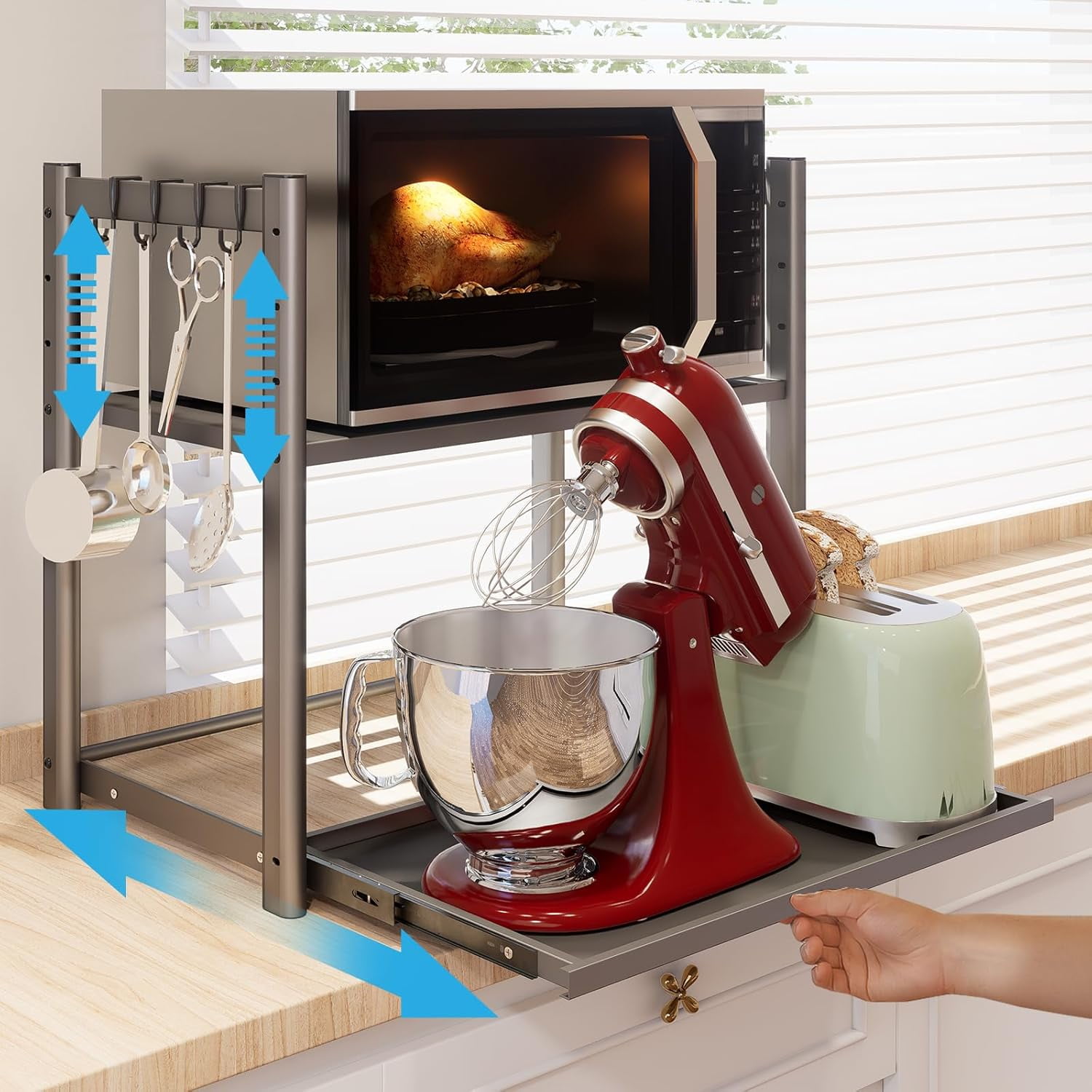 Adjustable Microwave Stand with Pull-Out Tray for Countertop Kitchen ...