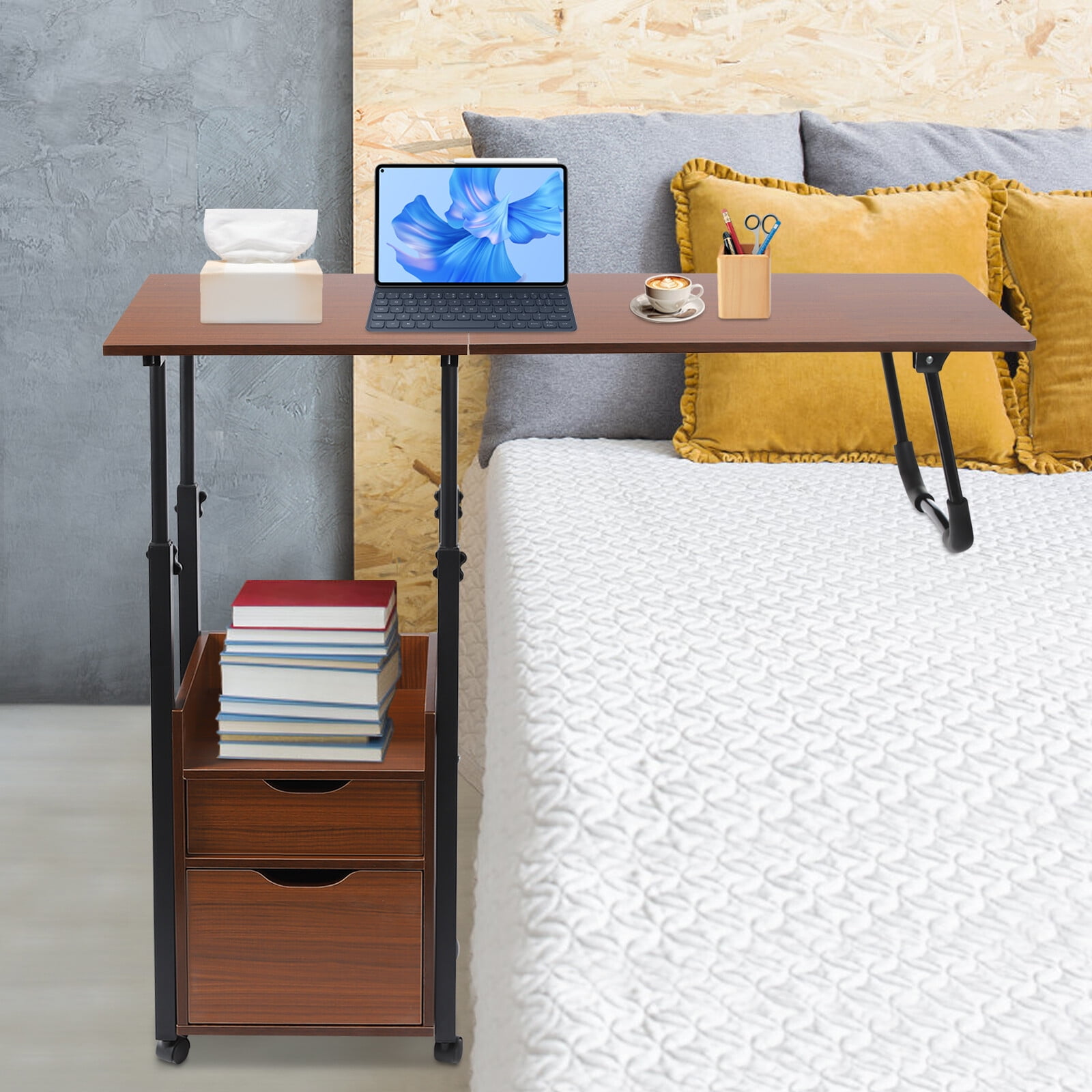 Adjustable Over-Bed Table with Foldable Top & Wheels,Folding Overbed ...