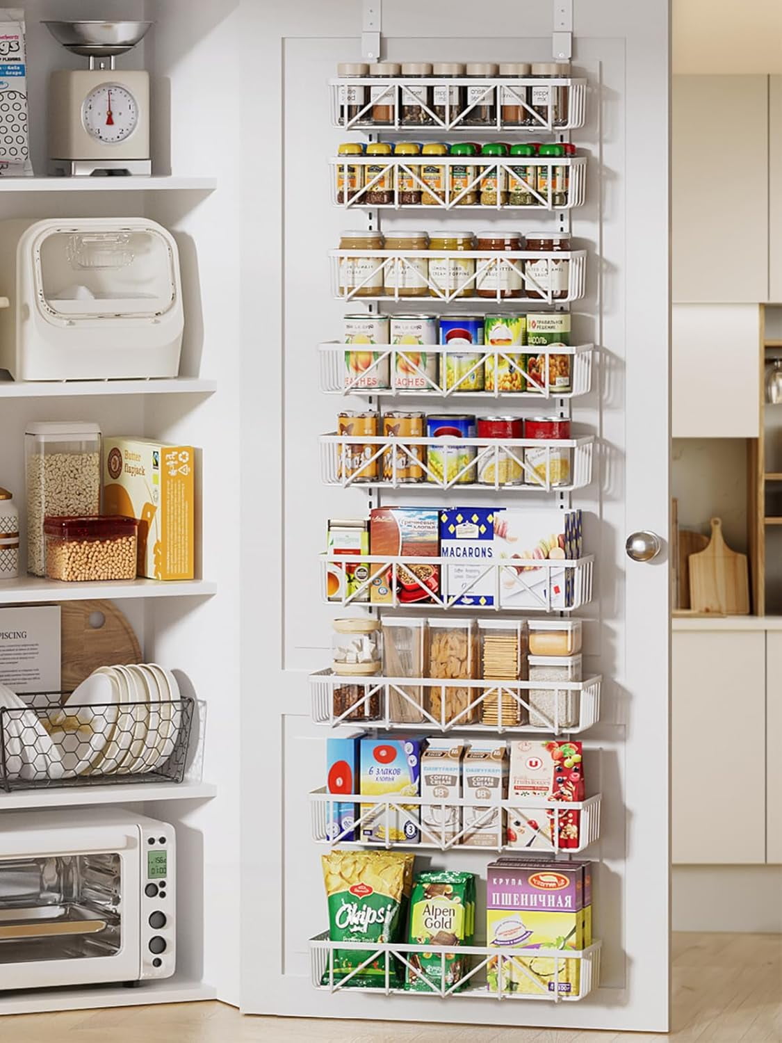 Adjustable Over-the-Door Pantry Organizer, 9-Tier Metal Hanging Spice ...
