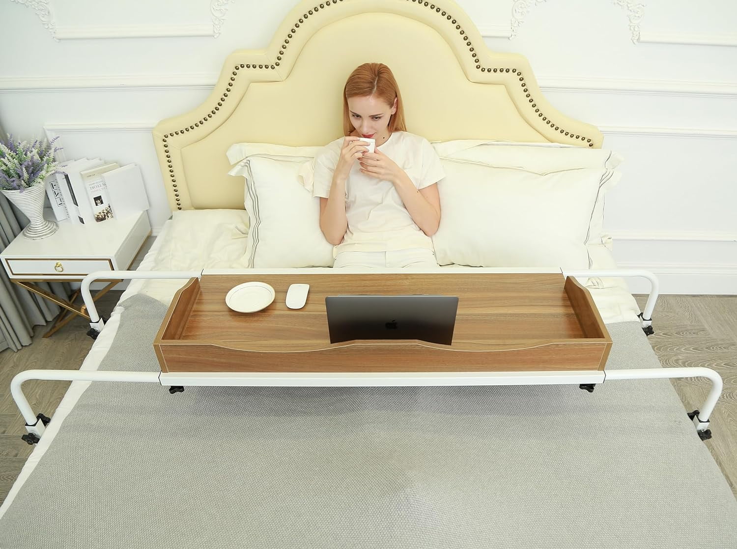 Adjustable Overbed Table with Wheels, Perfect for Full/Queen/King Beds ...