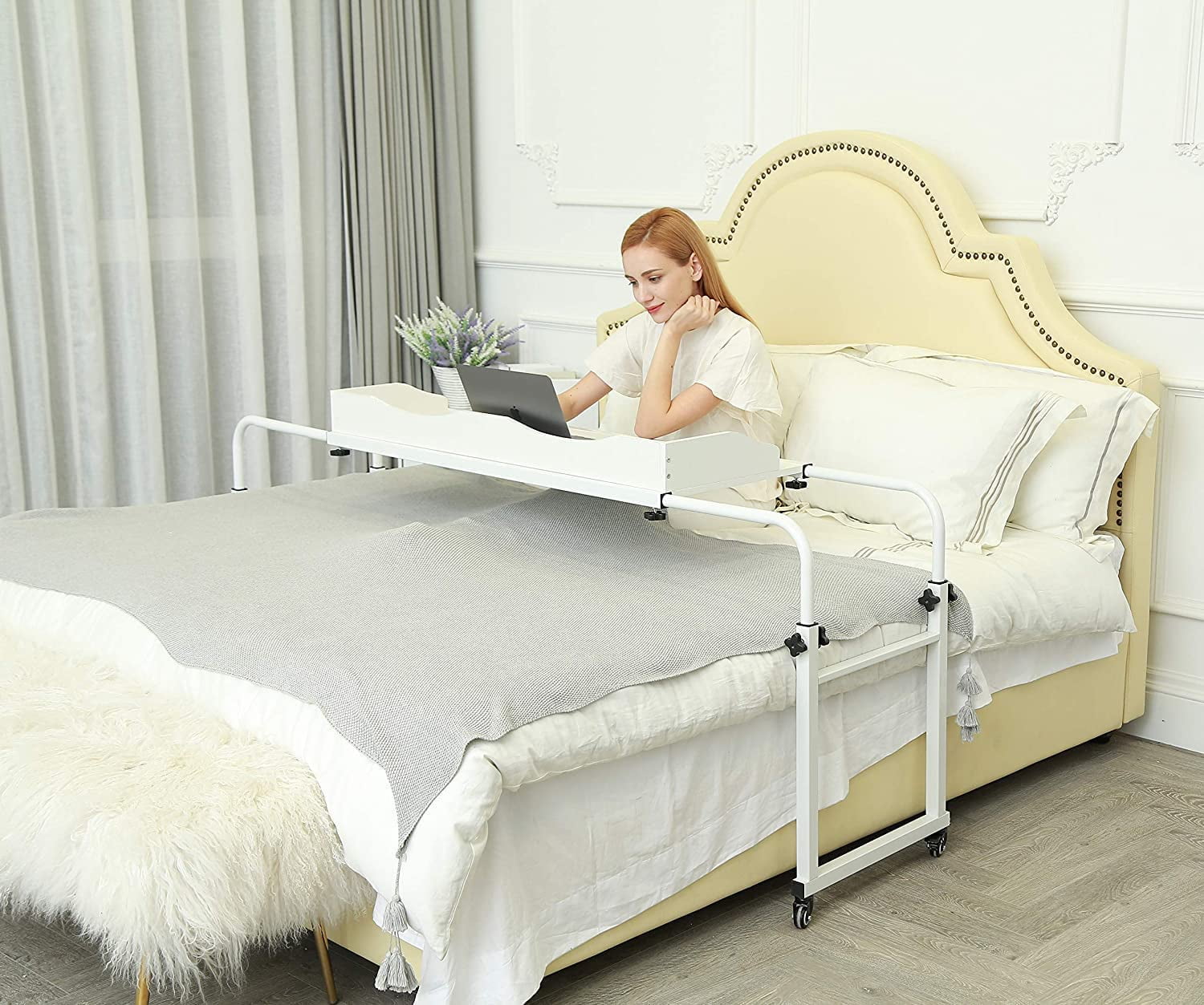 Adjustable Overbed Table with Wheels, Perfect for Full/Queen/King Beds ...