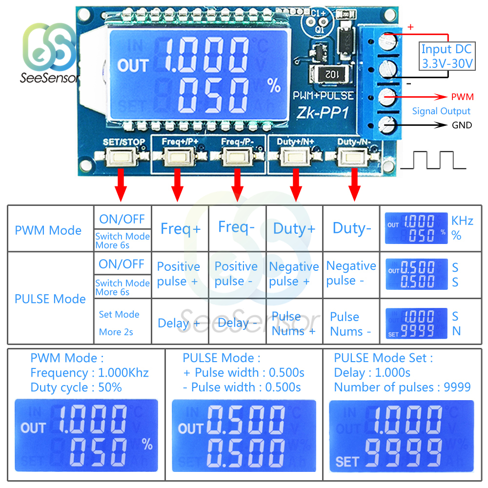 Adjustable PWM Pulse Signal Generator DC 3.3V-30V 1Hz-150KHz LCD Frequency Duty Cycle Square ...