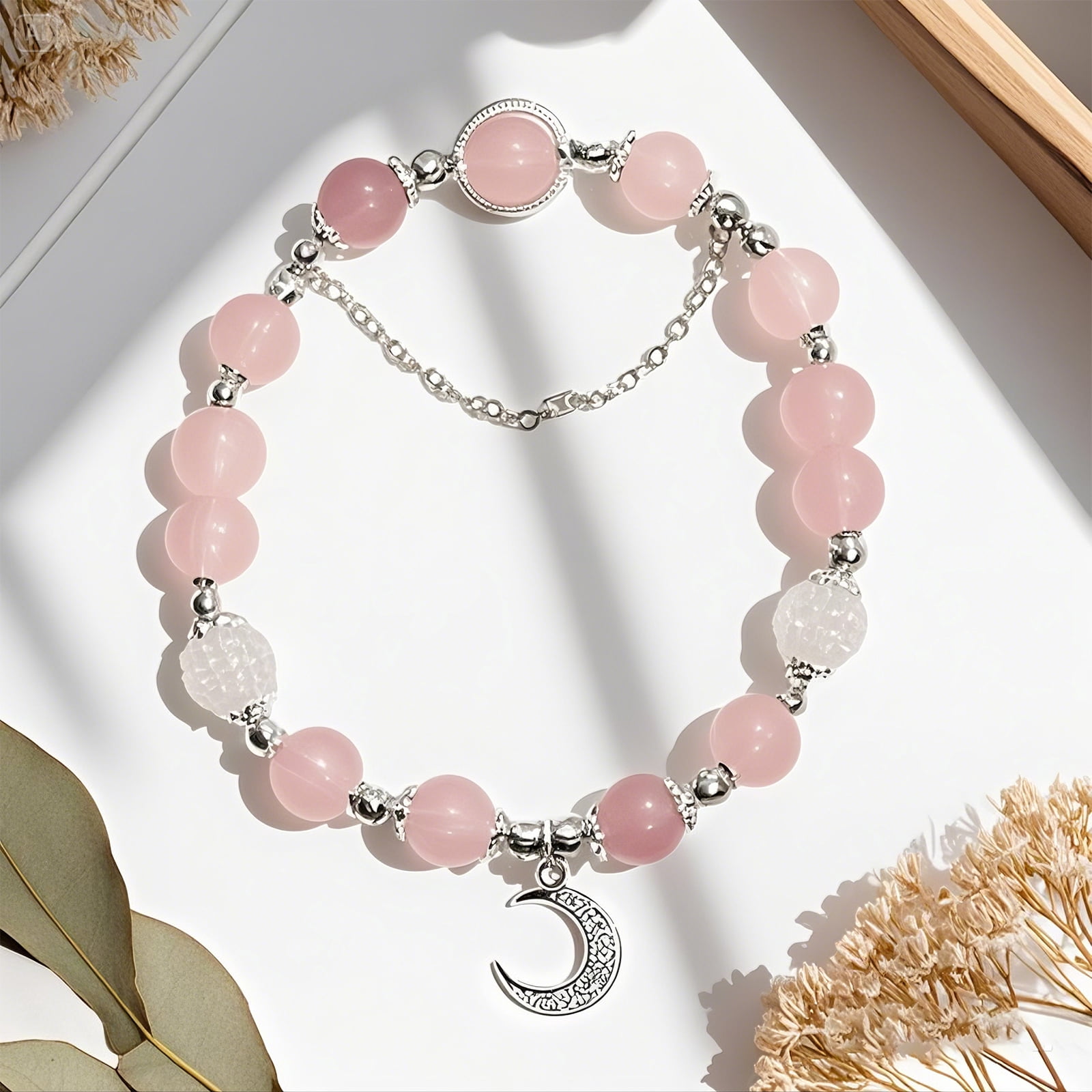 Adjustable Pink Crystal Moon Charm Bracelet, Silver Plated Boho Beaded ...