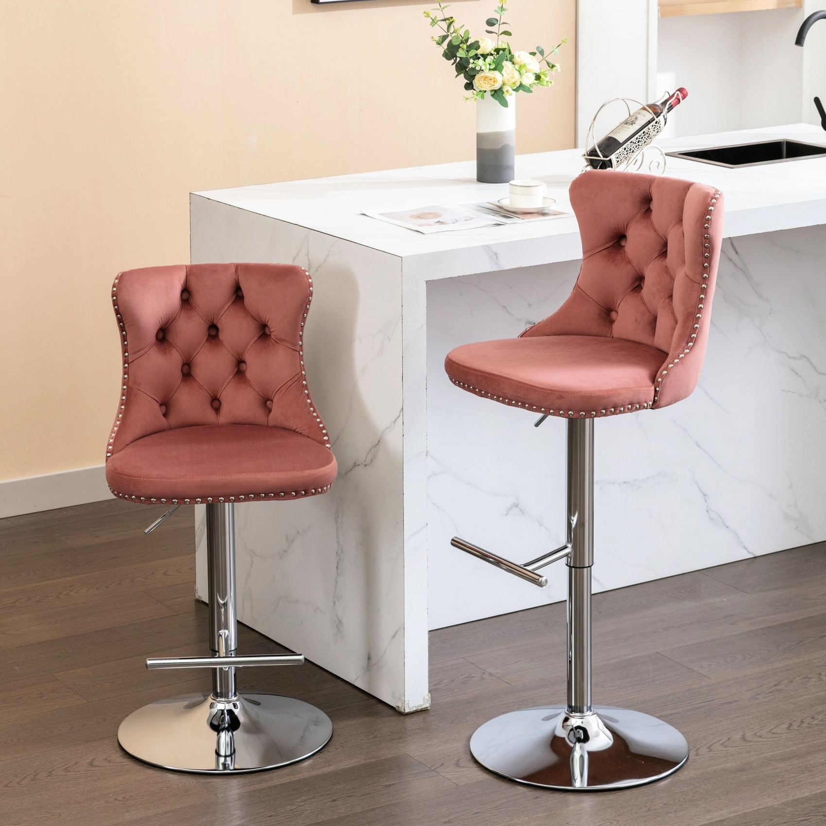 Adjustable Pink Swivel Bar Stools (25 - 33 Inches), Velvet Upholstered ...