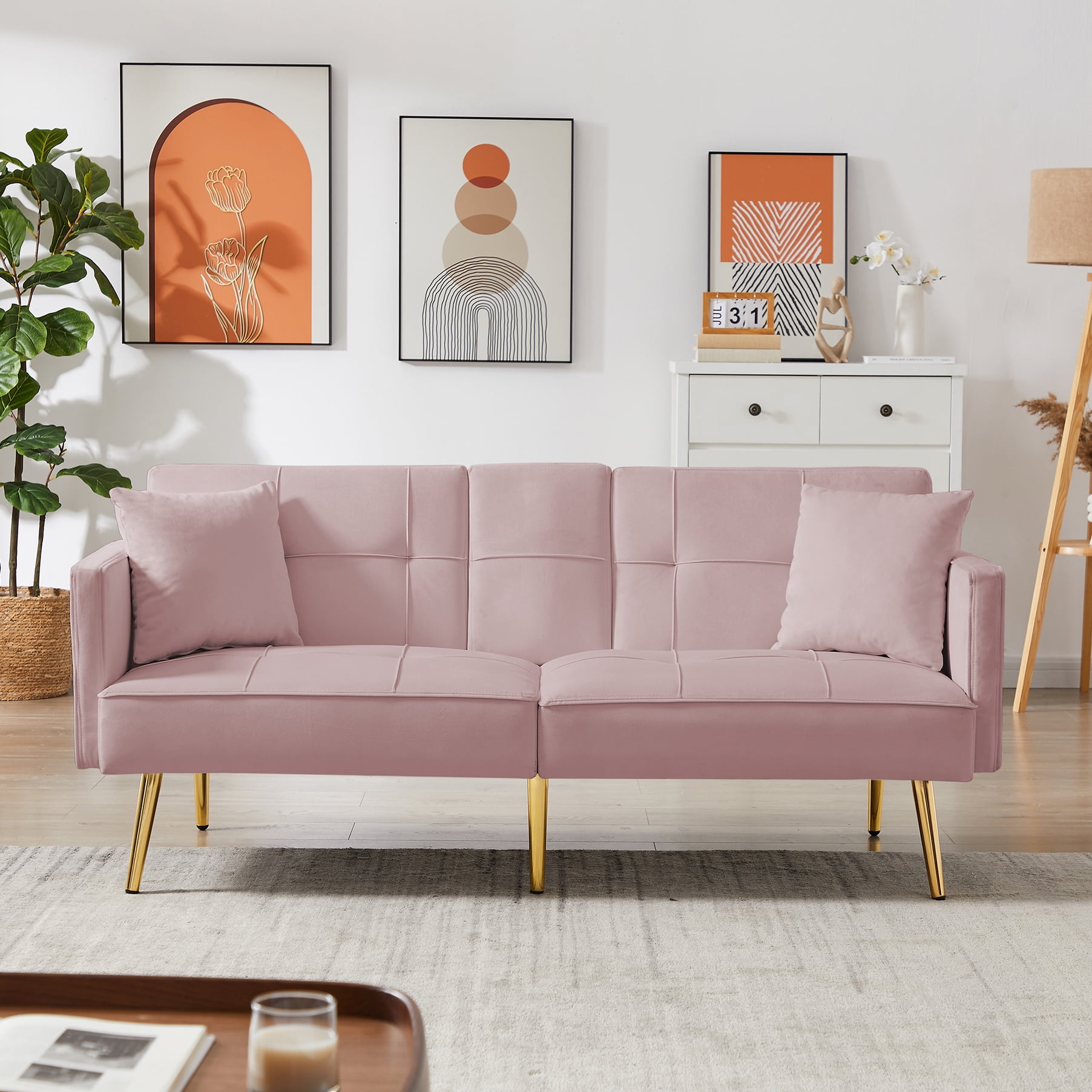 Adjustable Pink Velvet Futon - Gold Metal Legs, Sinuous Spring Seat ...