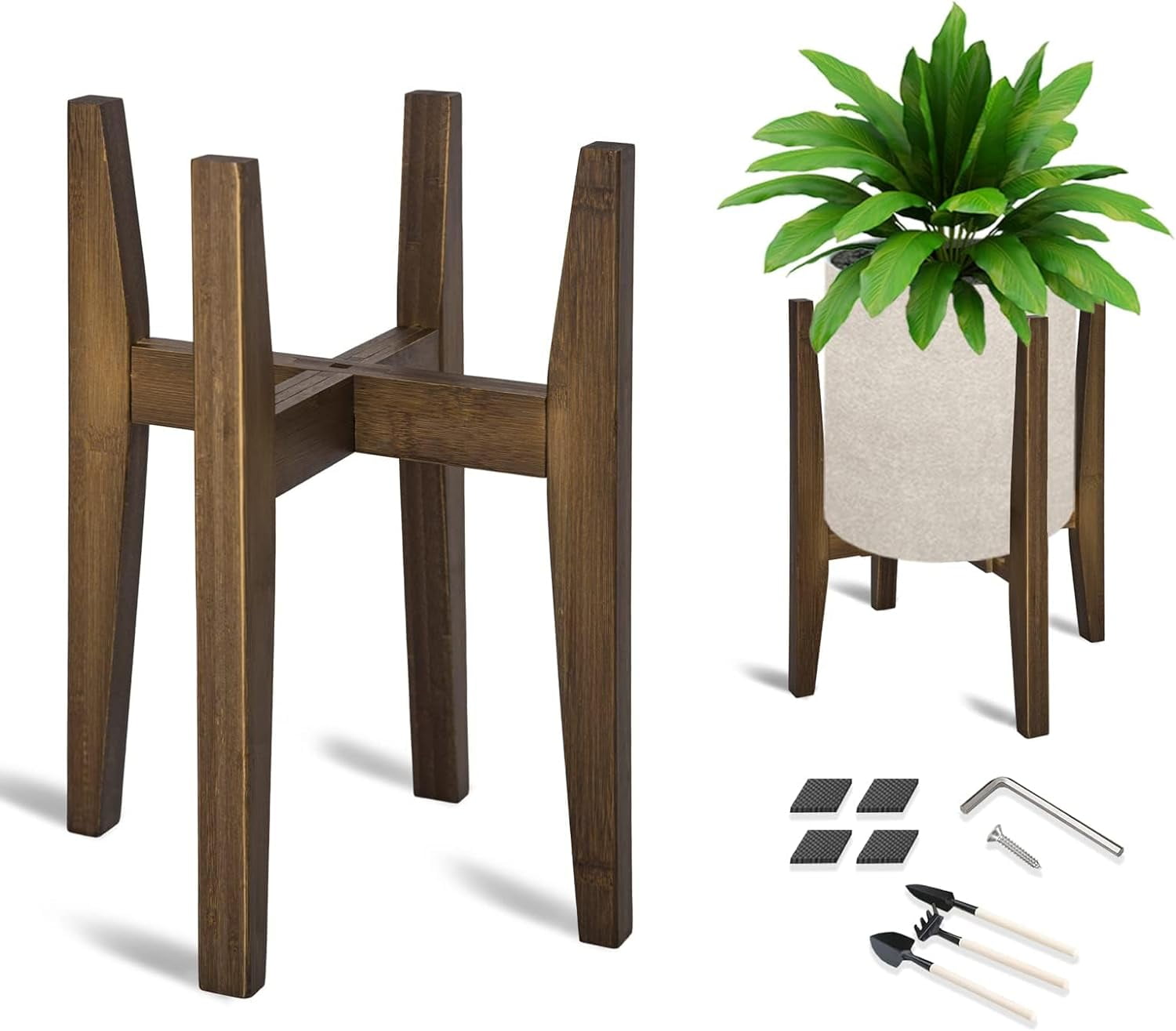 Adjustable Plant Stand, Bamboo Mid Century Modern Indoor Plants Stands ...