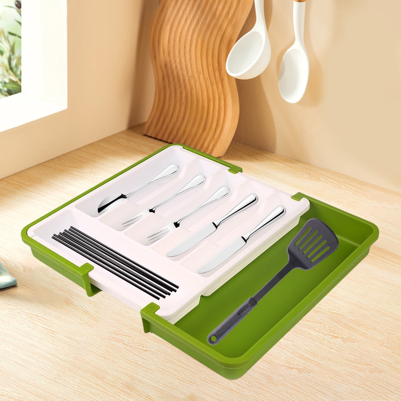 Adjustable Plastic Cutlery Storage Box with Lid - Large Capacity ...