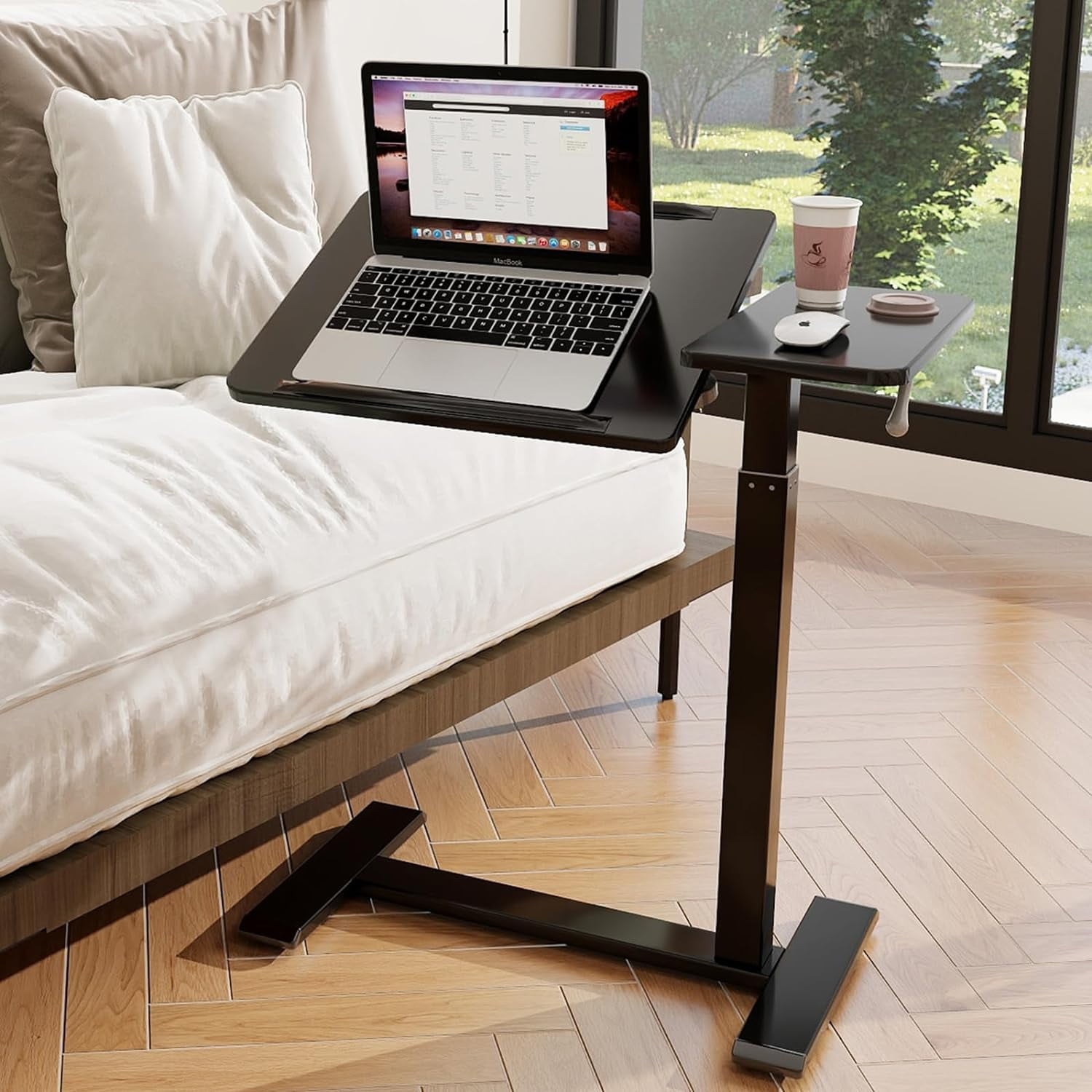 Adjustable Pneumatic Mobile Overbed Table with Wheels Split Top Tilting ...