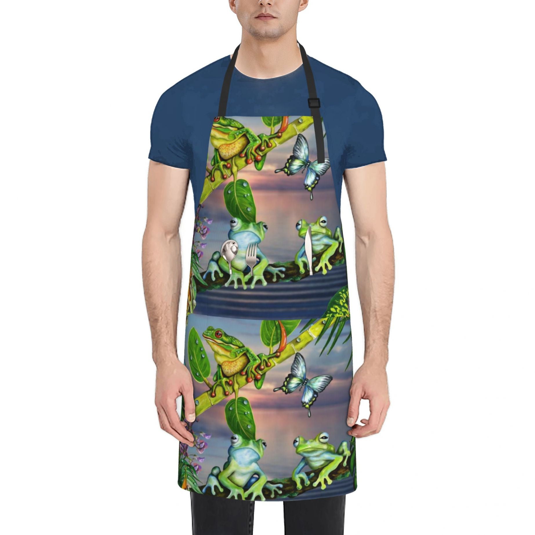 Adjustable Pocket Cartoon Butterfly Frog Green Leaves Women's Apron Men ...