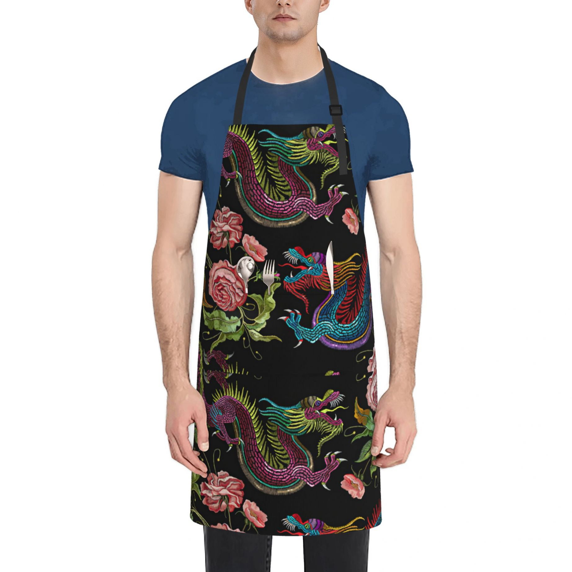 Adjustable Pocket Dragon Flowers Peonies Pattern Women's Apron Men's ...