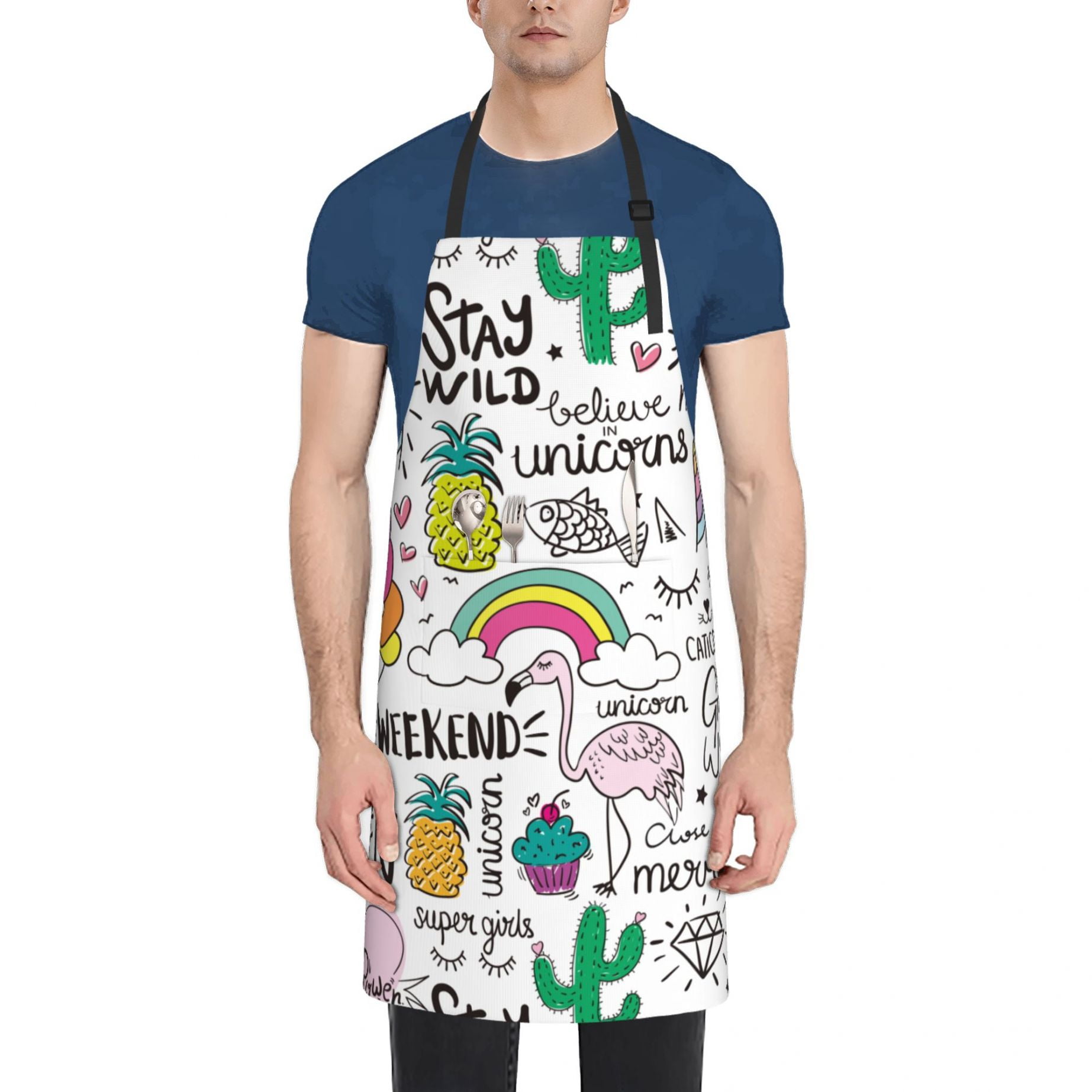 Adjustable Pocket Flamingo Bird Cactus Pineapple Women's Apron Men's ...