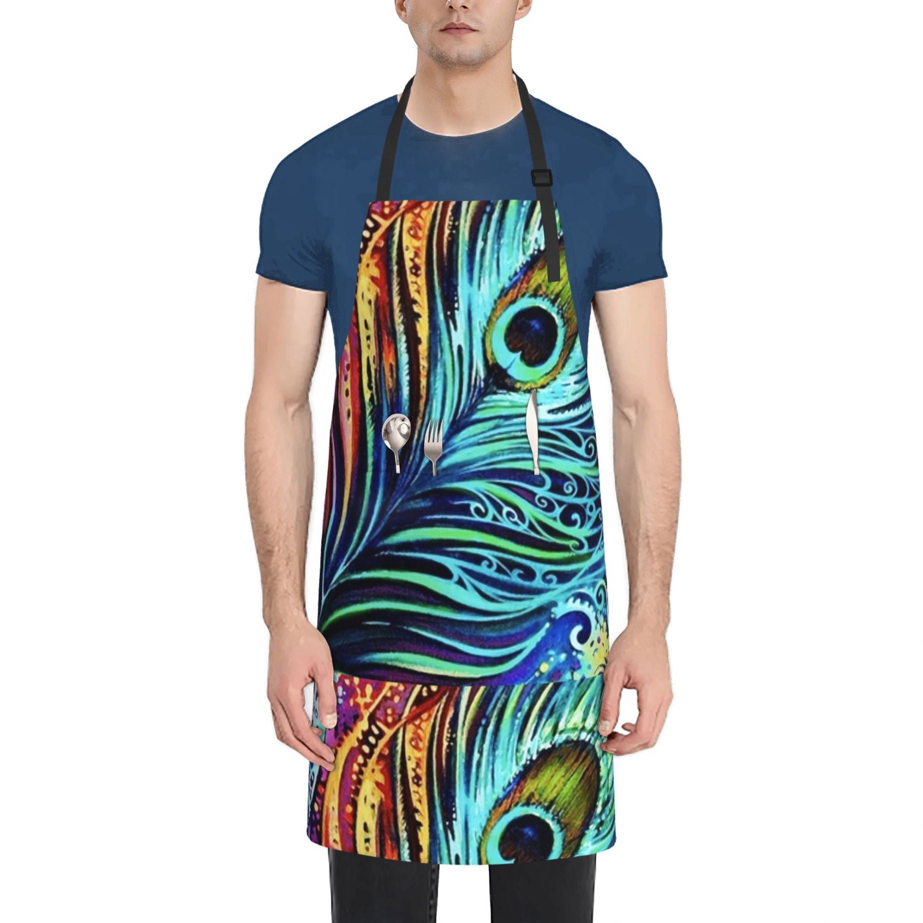 Adjustable Pocket Multicolor Peacock Feather Art Women's Apron Men's ...