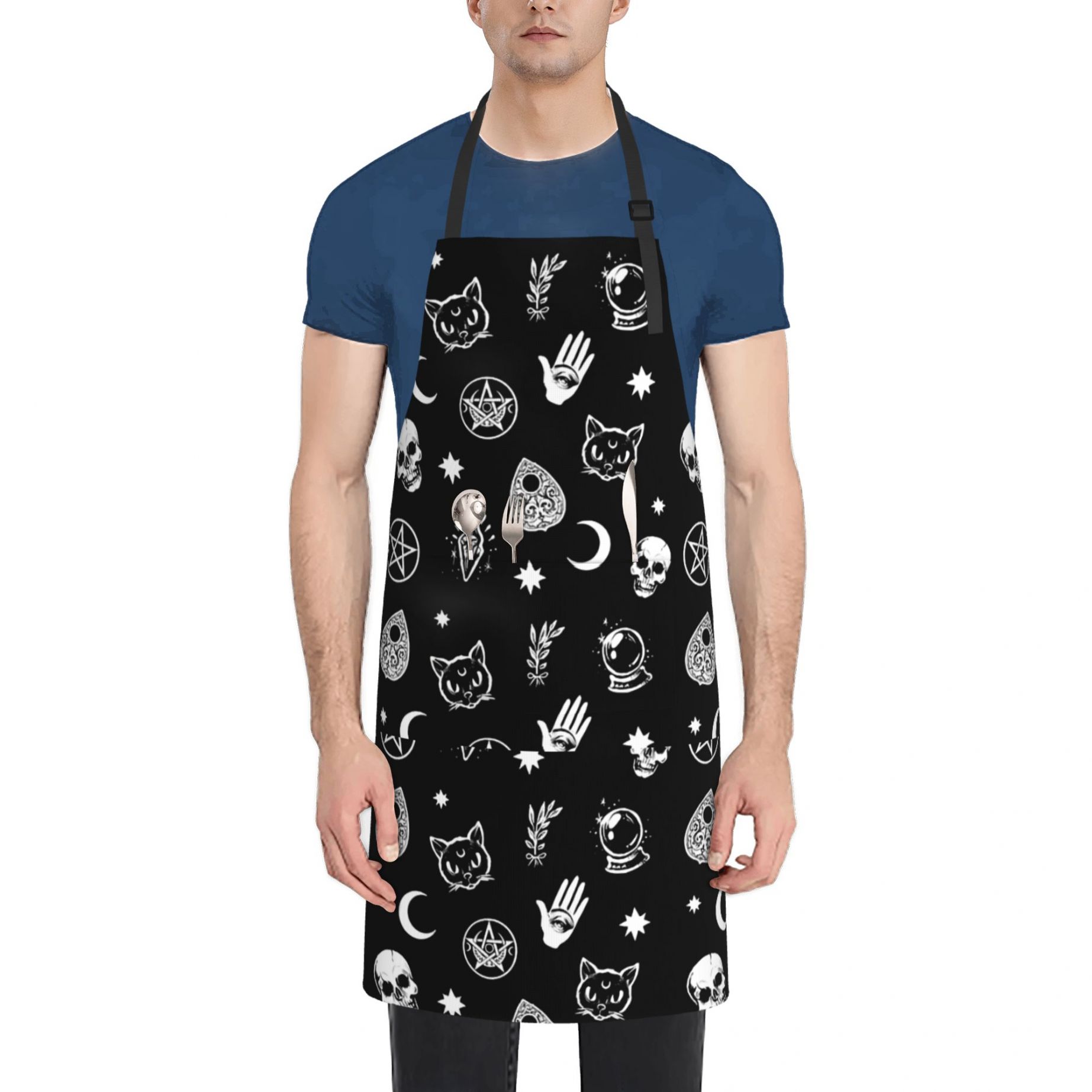 Adjustable Pocket Skull Cat Moon Gothic Pattern Women's Apron Men's ...