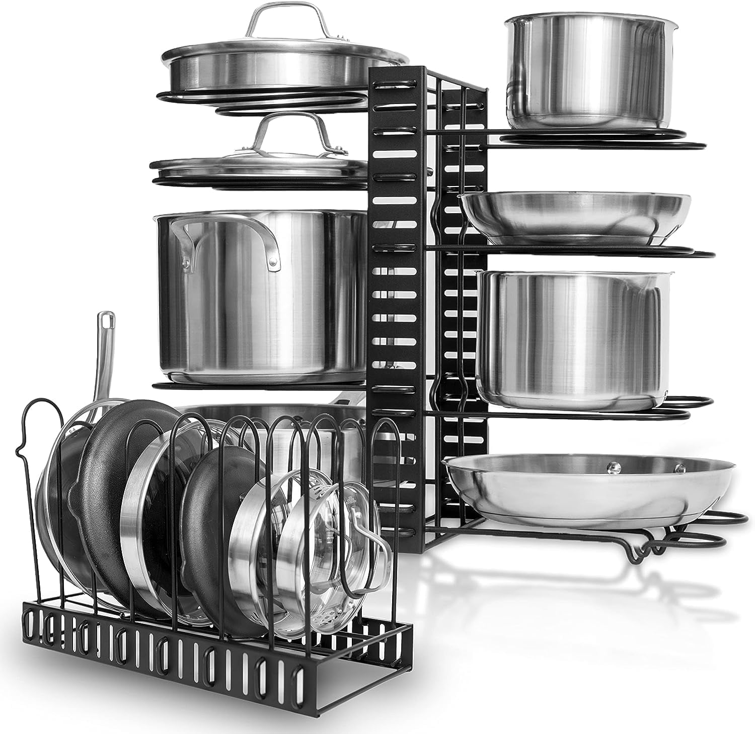 Adjustable Pots and Pans Organizer - 8 Tier Versatile Kitchen Pot Rack ...