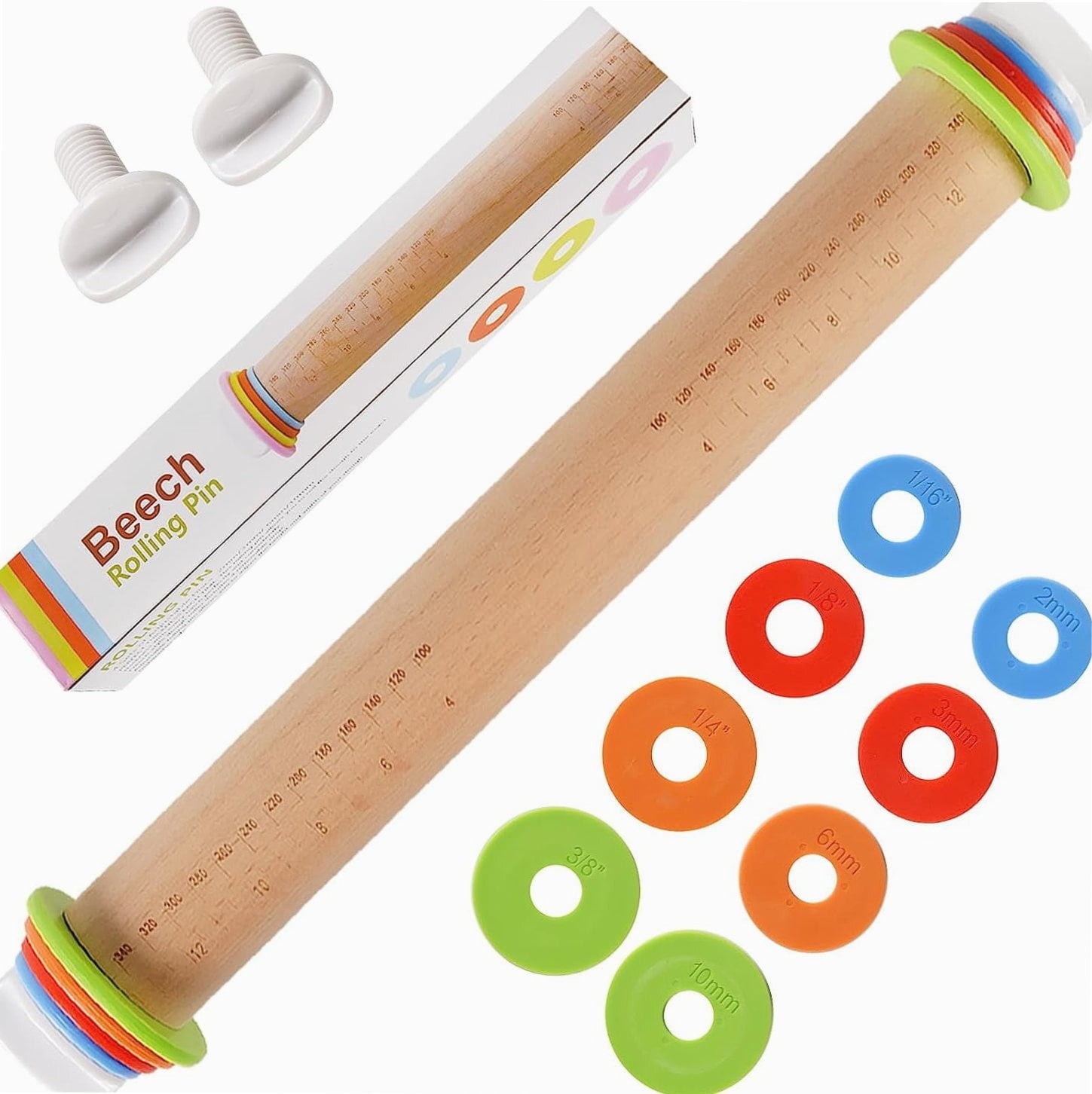 Adjustable Premium Wood Rolling Pin With 4 Thickness Rings, Dough ...