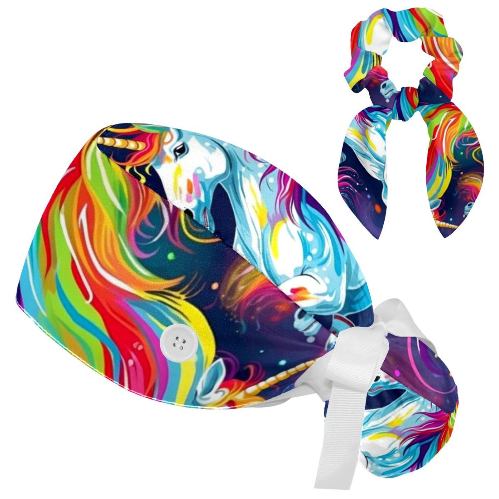 Adjustable Rainbow Unicorn Surgical Scrub Cap with Button, Ponytail ...