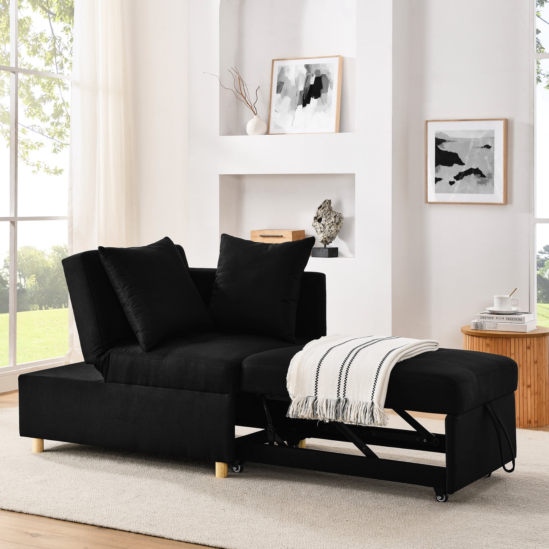 Adjustable Recliner With Pullout Bed And Movable Wheels, Linen Fabric ...