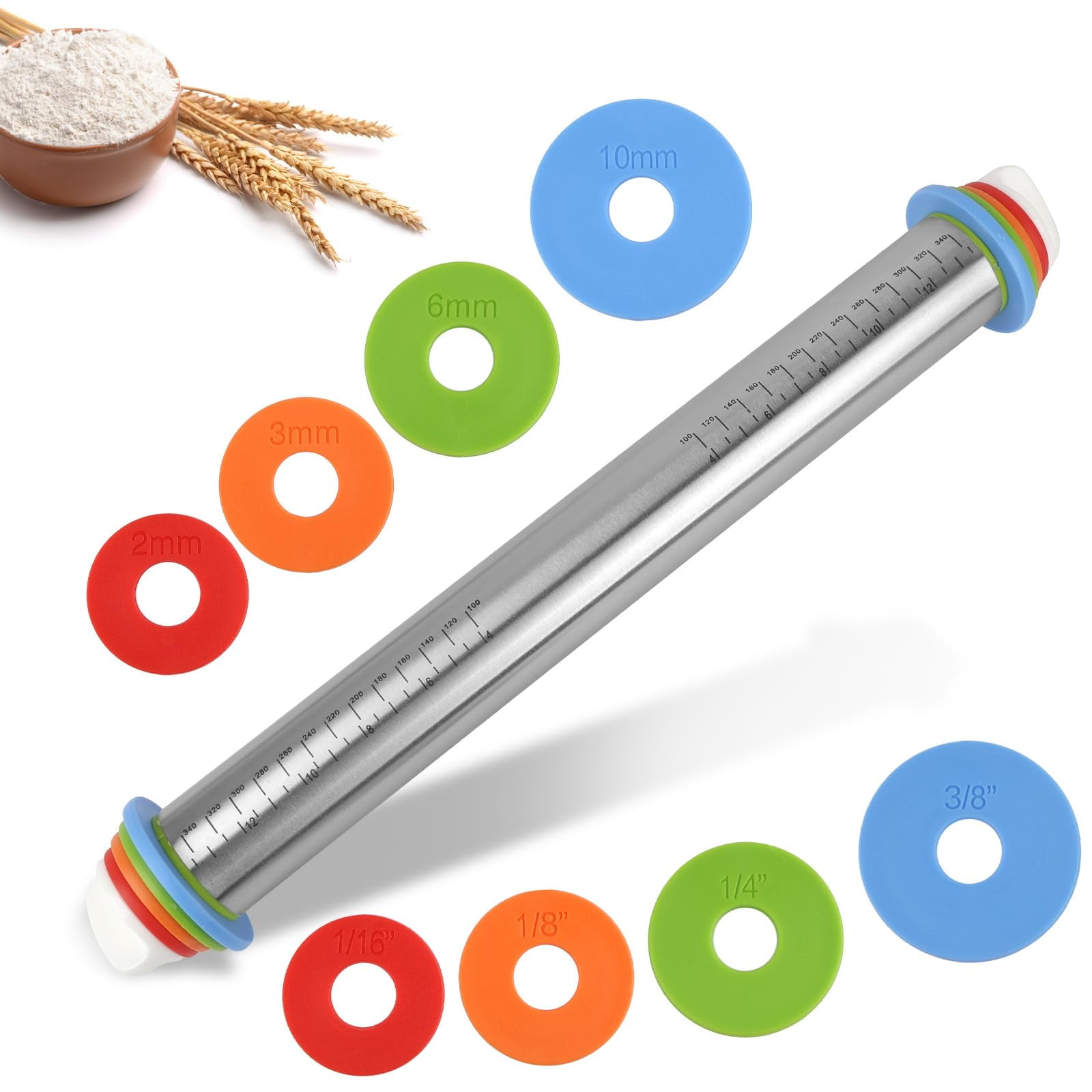 Adjustable Rolling Pin with 4 Thickness Rings for Baking, 17” Stainless ...