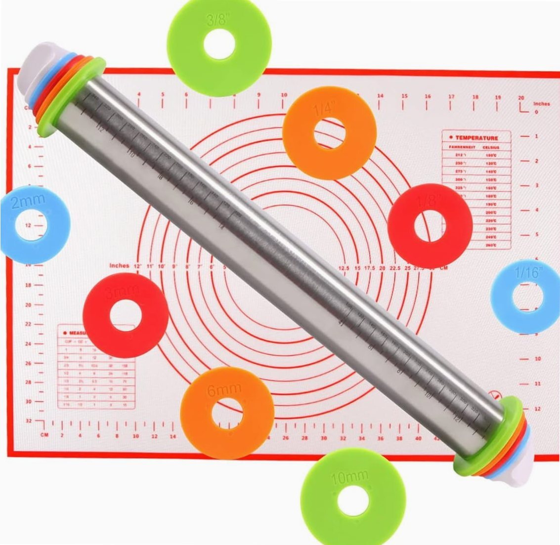 Adjustable Rolling Pin with Thickness Rings(Red Mat Set) Non Stick ...
