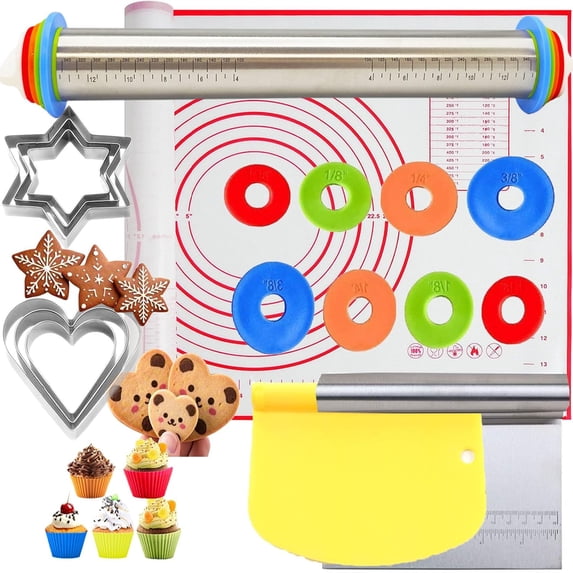 Adjustable Rolling Pin and Silicone Baking Pastry Mat Set, Thickness ...