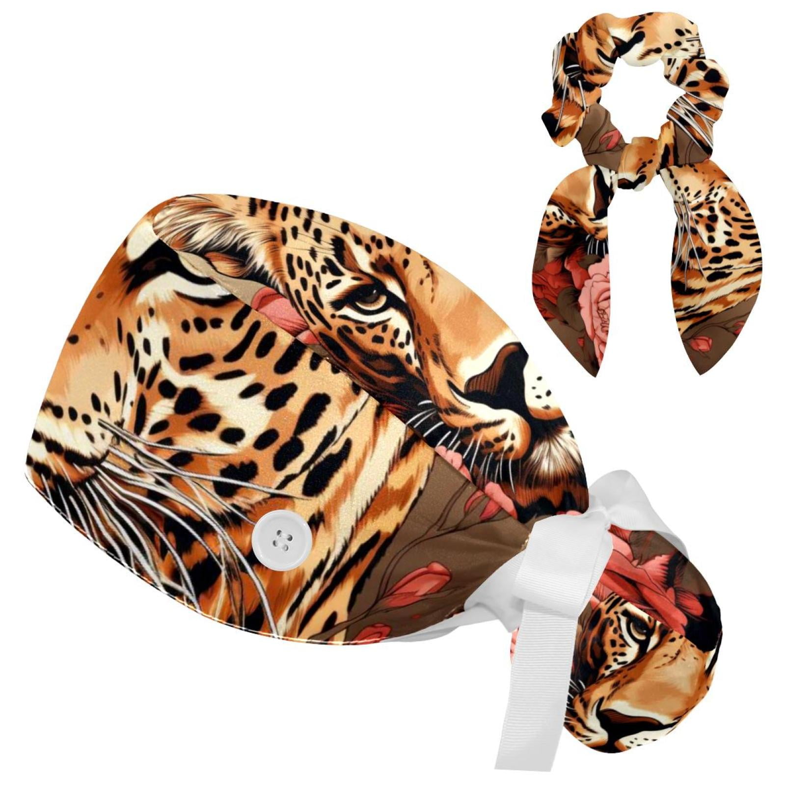 Adjustable Rose Leopard Surgical Scrub Cap with Button, Ponytail Pouch ...