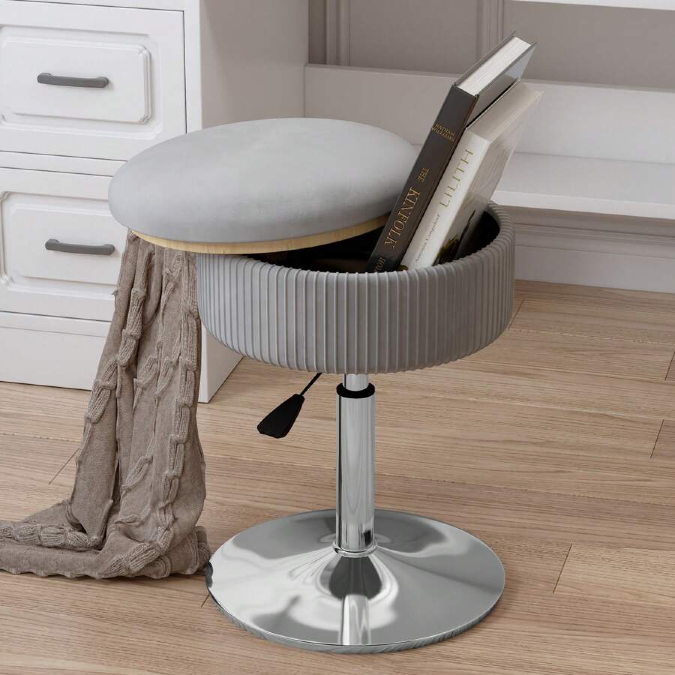 Adjustable Round Vanity Stool, Upholstered Swivel Makeup Chair ...