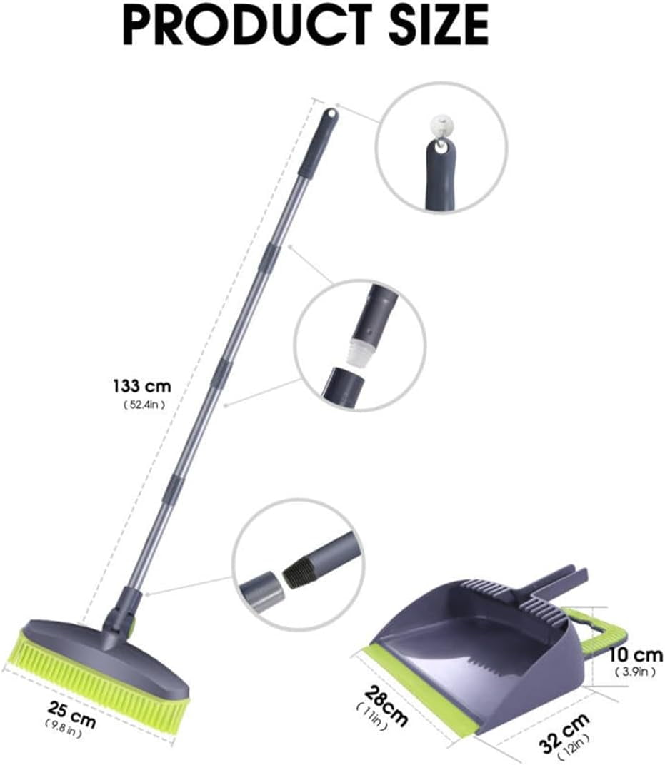 Adjustable Rubber Push Broom and Dustpan Set,Self Cleaning Indoor Outdoor Angle Brooms with Dust ...
