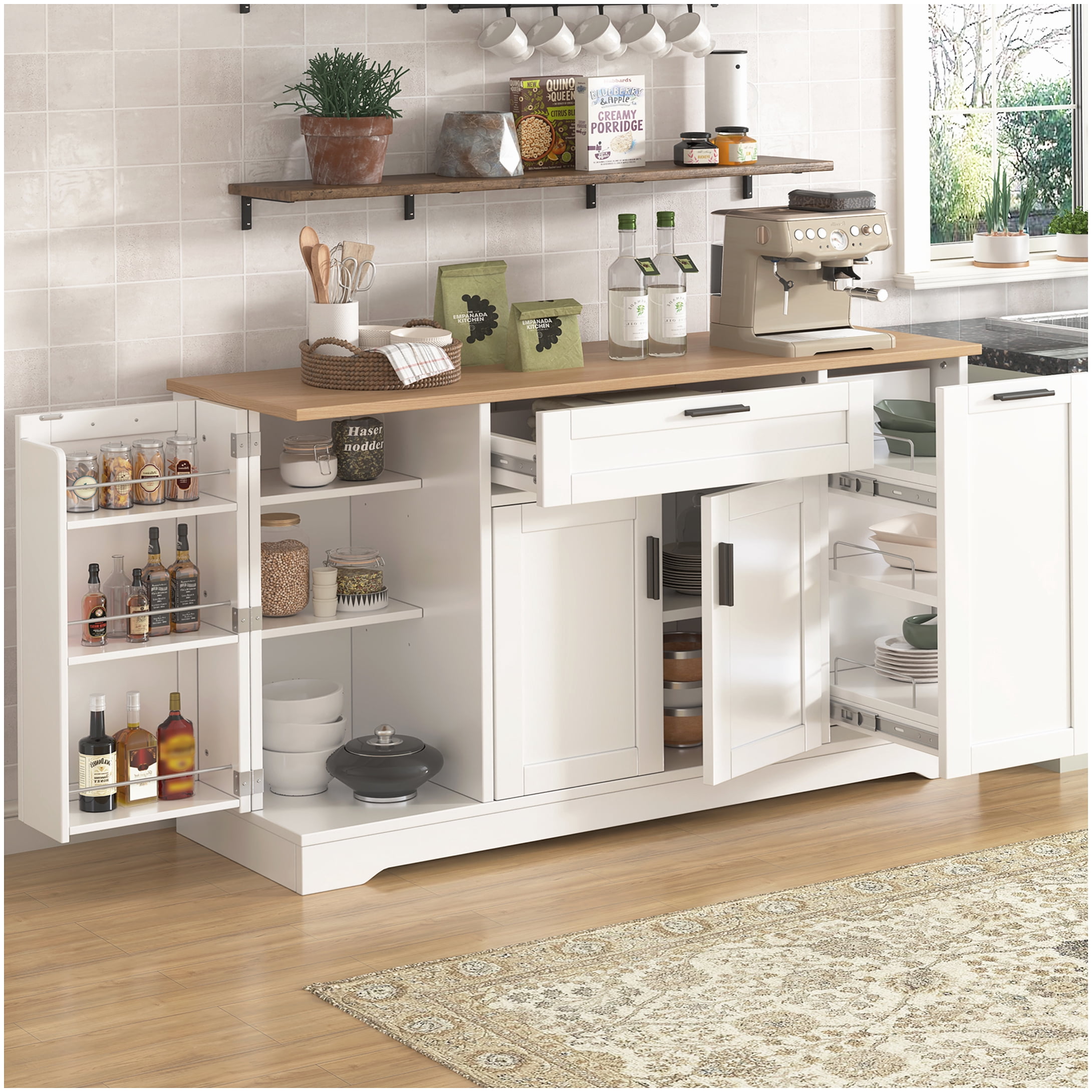 Adjustable Shelf Storage Sideboard, White Kitchen Cabinet with ...