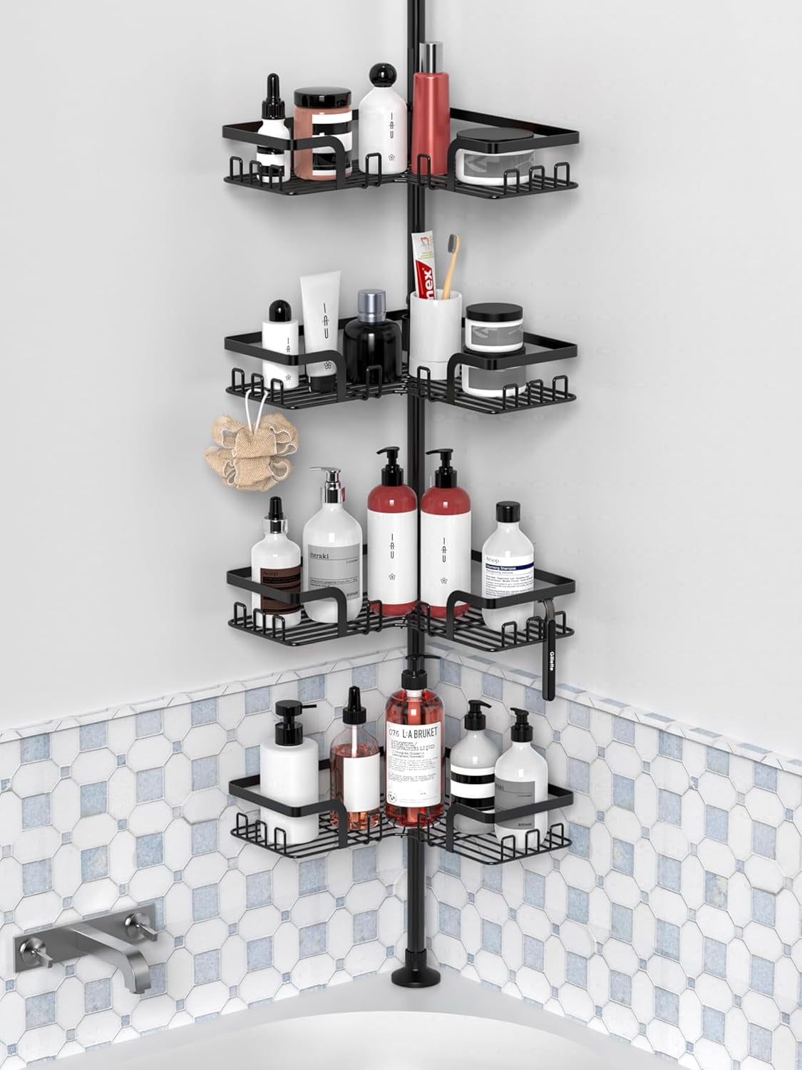 Adjustable Shower Caddy Corner Tension Pole, 4-Tier Shower Rod ...