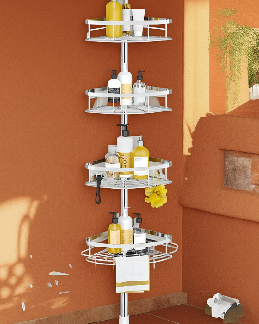 Adjustable Shower Corner Shelf , 4 Baskets Tension Pole Organizer with ...