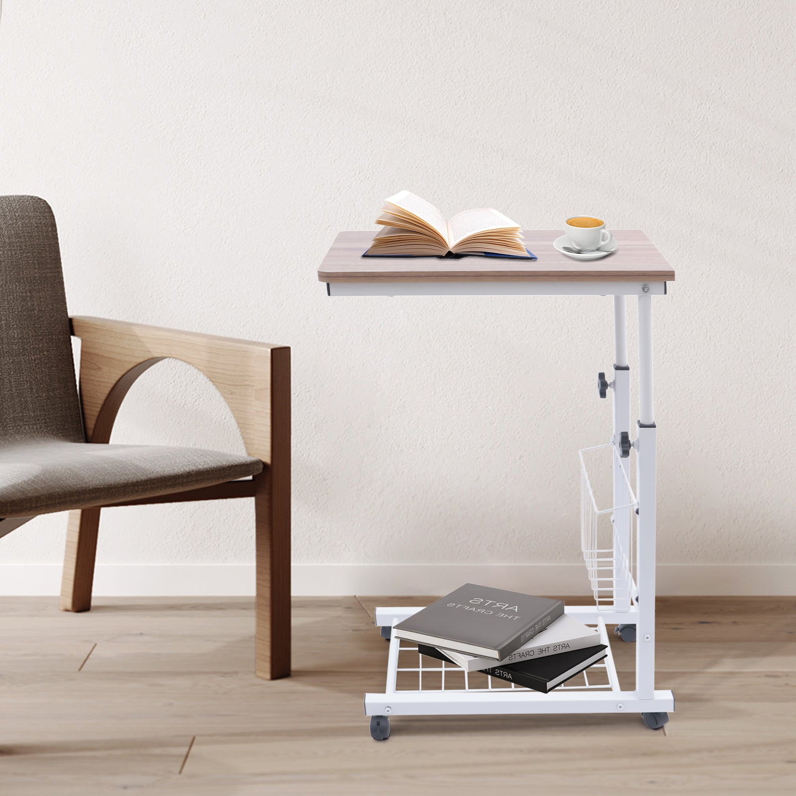 Adjustable Side Table with Lockable Wheels, Storage Basket, and Shelf ...