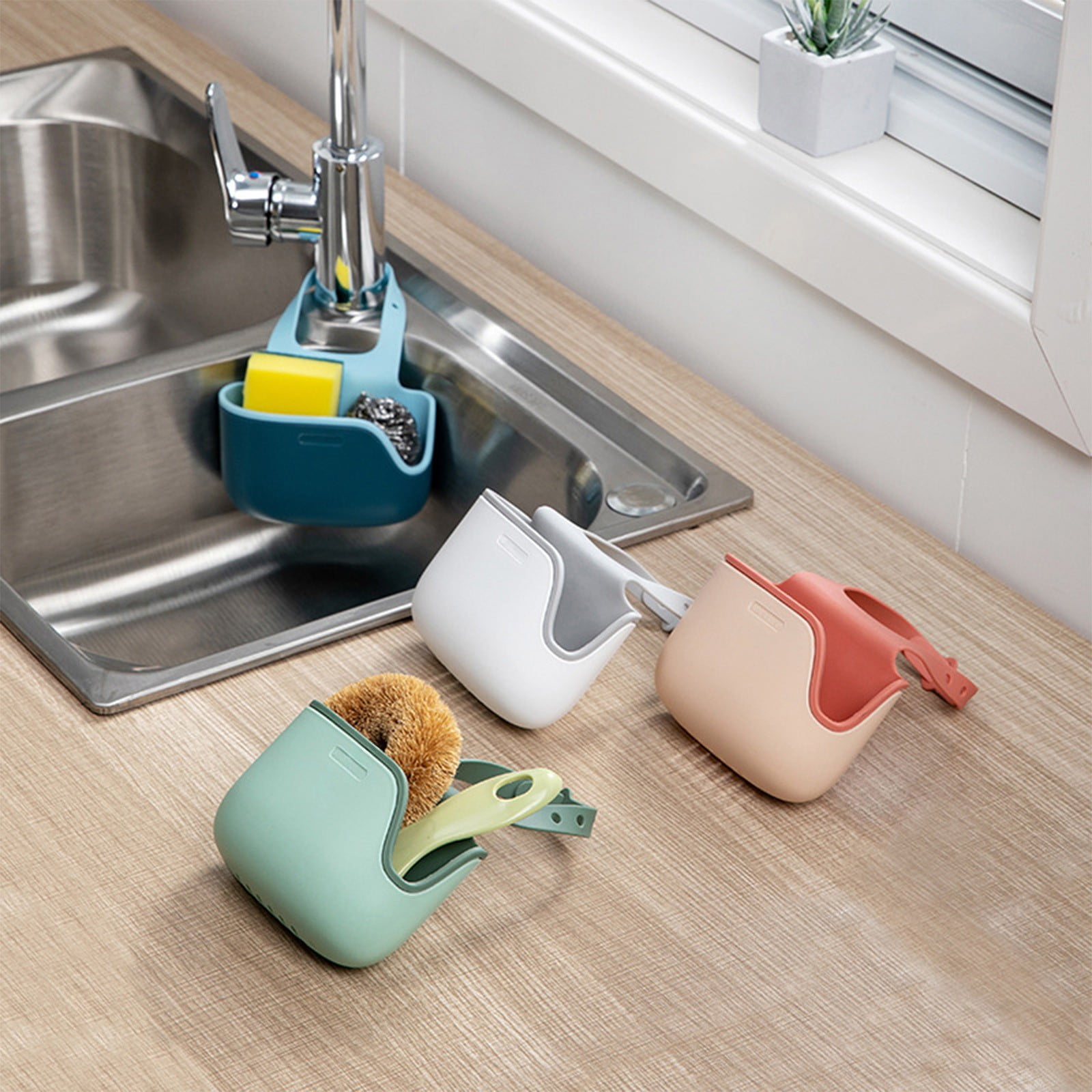 Adjustable Silicone Sink Caddy Sponge Holder - Double Basket Hanging ...