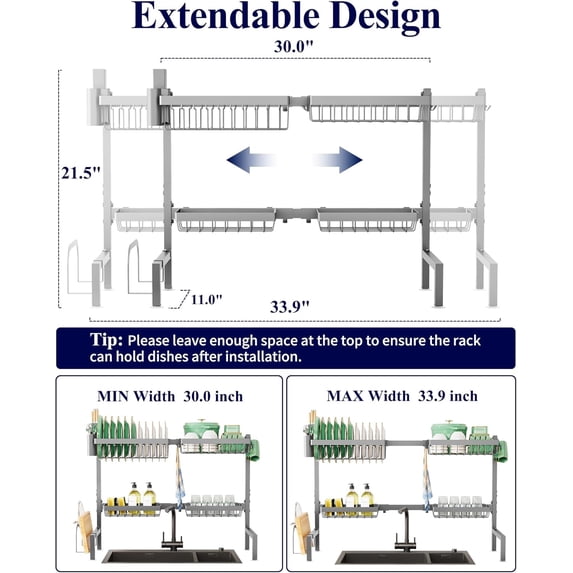 Adjustable Over The Sink Dish Drying Rack 30" to 33.9" x 21.5" with ...