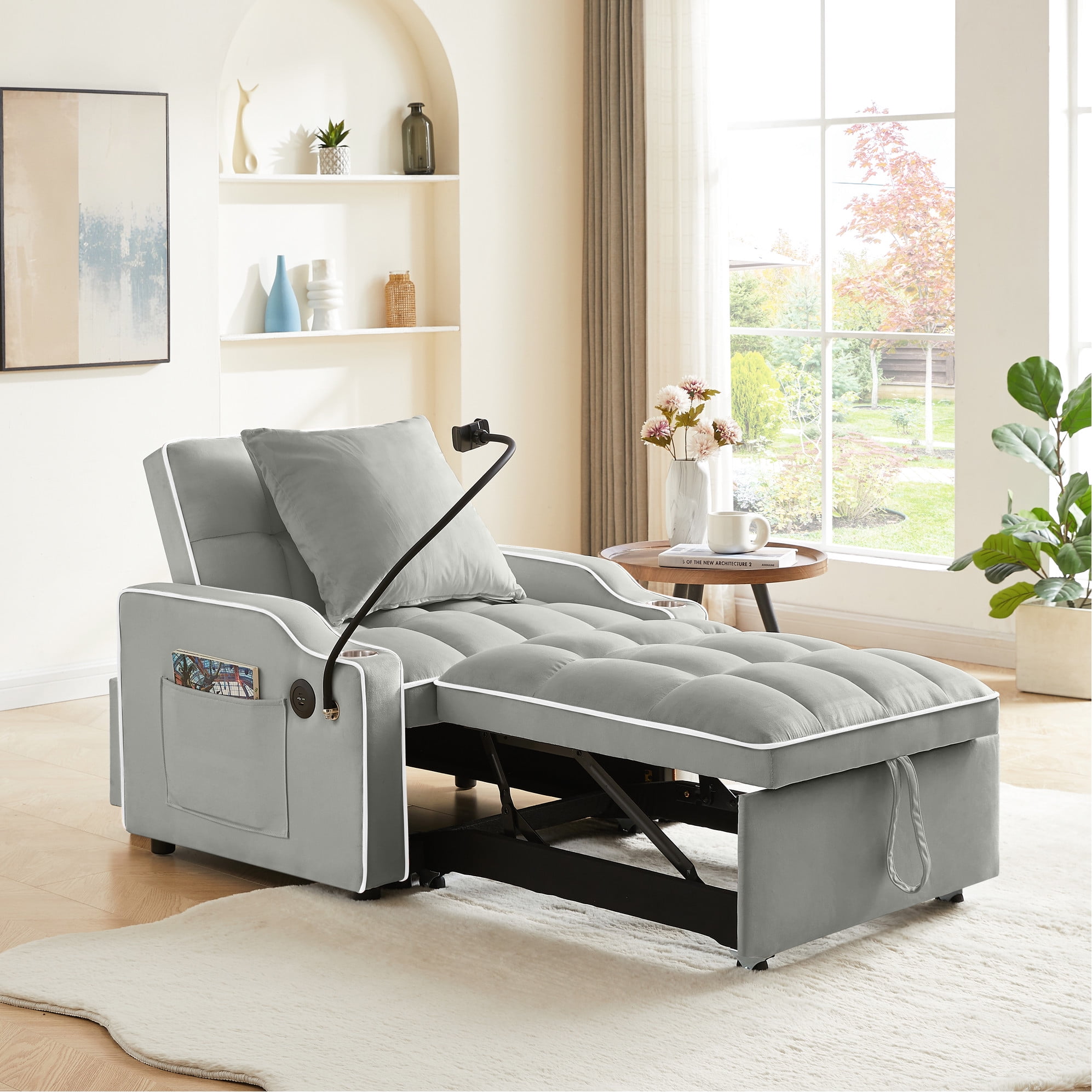 Adjustable Sleeper Chair Bed For Lounging And Sleeping Grey Velvet ...