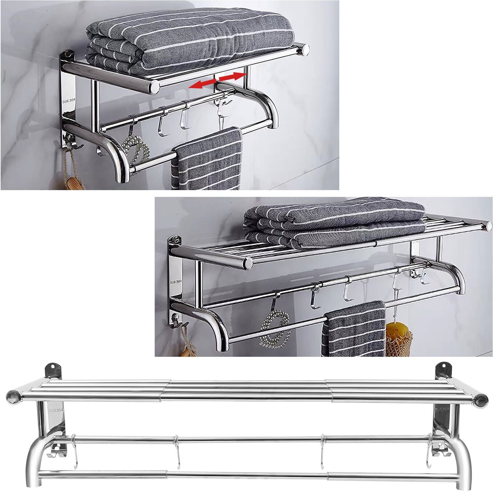 Adjustable Stainless Steel Towel Rack, 2 Layer Towel Storage Holder for ...
