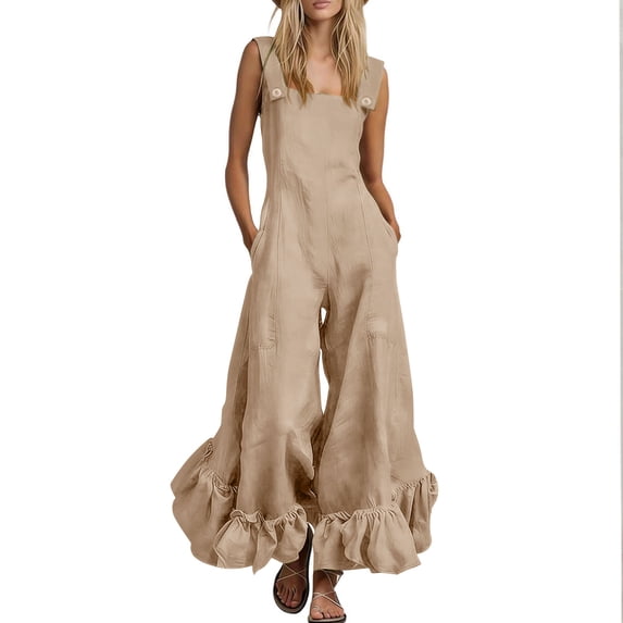 Adjustable Strap Linen Jumpsuit for Women Ruffle Hem Summer Loose One ...
