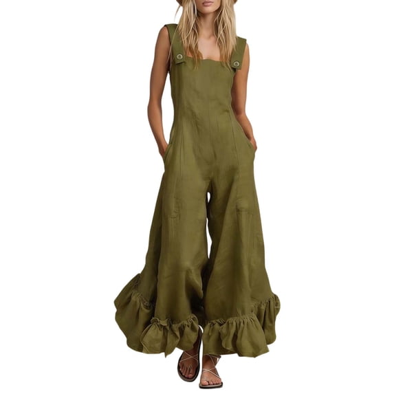 Adjustable Strap Linen Jumpsuit for Women Ruffle Hem Summer Loose One ...