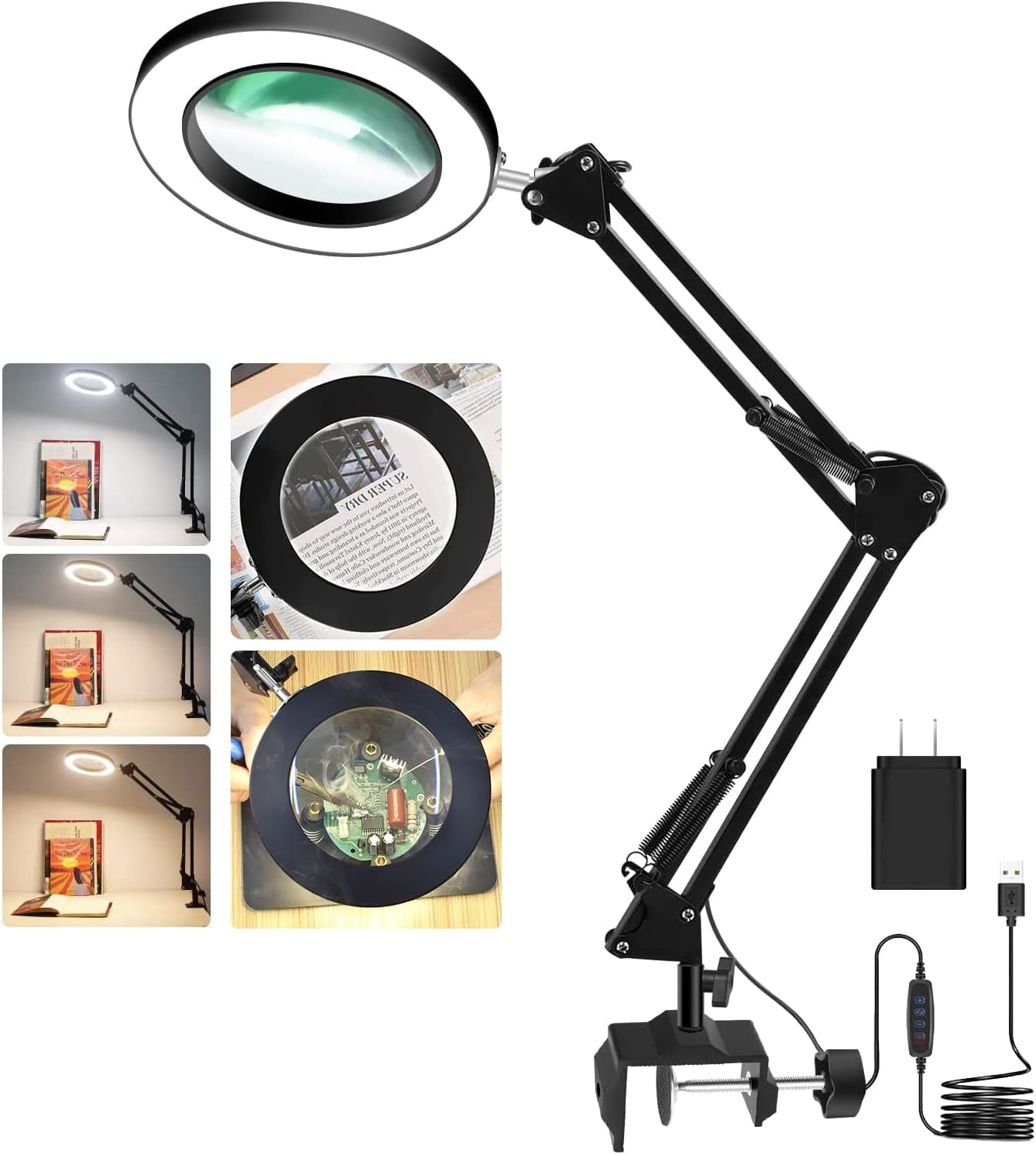 Adjustable Swivel Arm LED Magnifying Glass Desk Lamp with Clamp, 3 ...