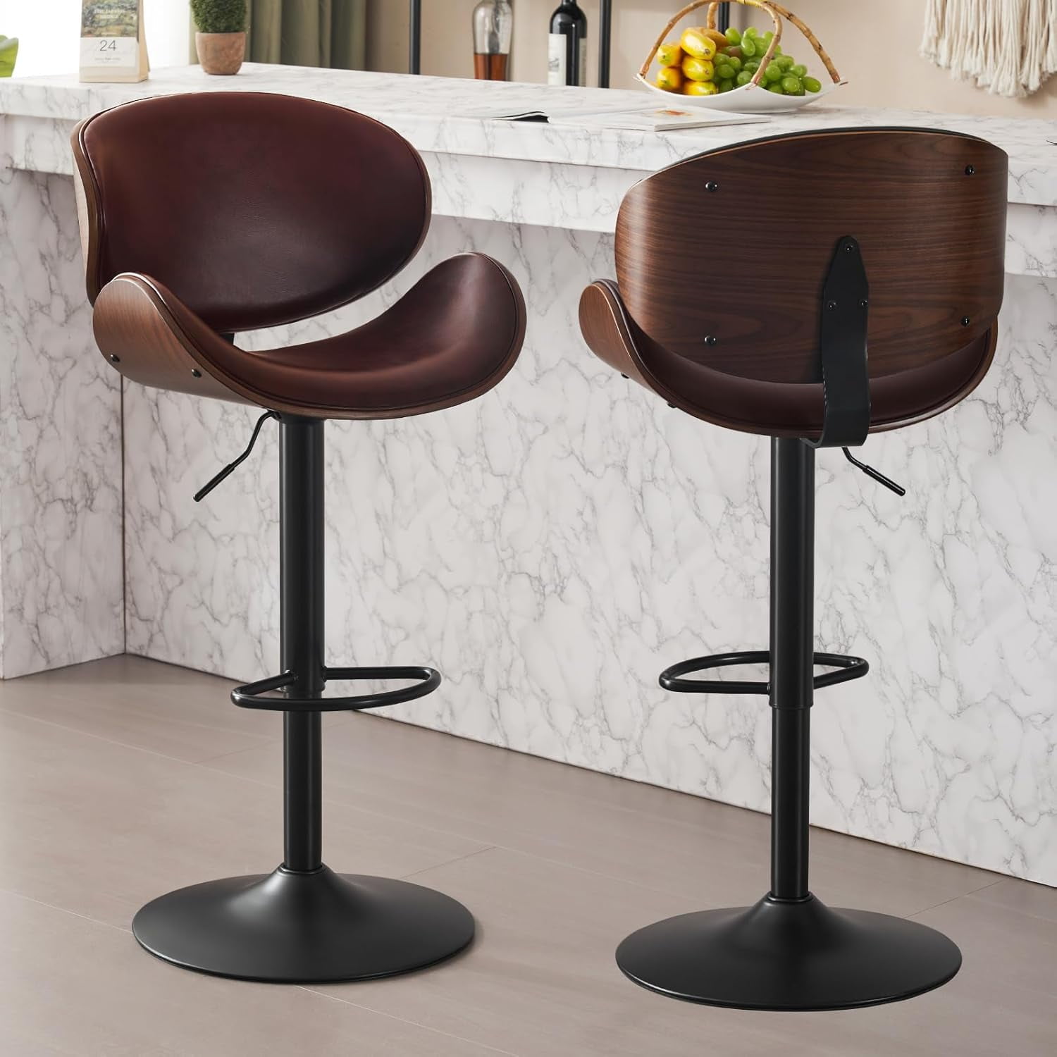 Adjustable Swivel Bar Stools Set of 2, Modern Bentwood Barstools with ...
