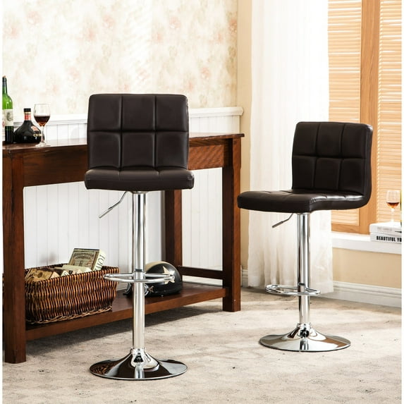 Adjustable Swivel Brown Faux Leather Bar Stool Set | Foam Cushioned ...