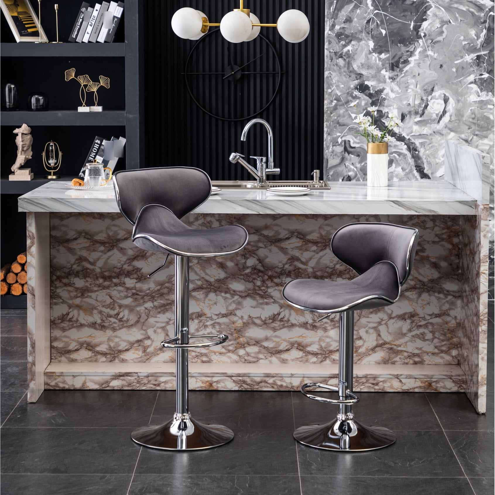 Adjustable Swivel Gray Velvet Barstool Set of 2 | 250 - lb Weight ...
